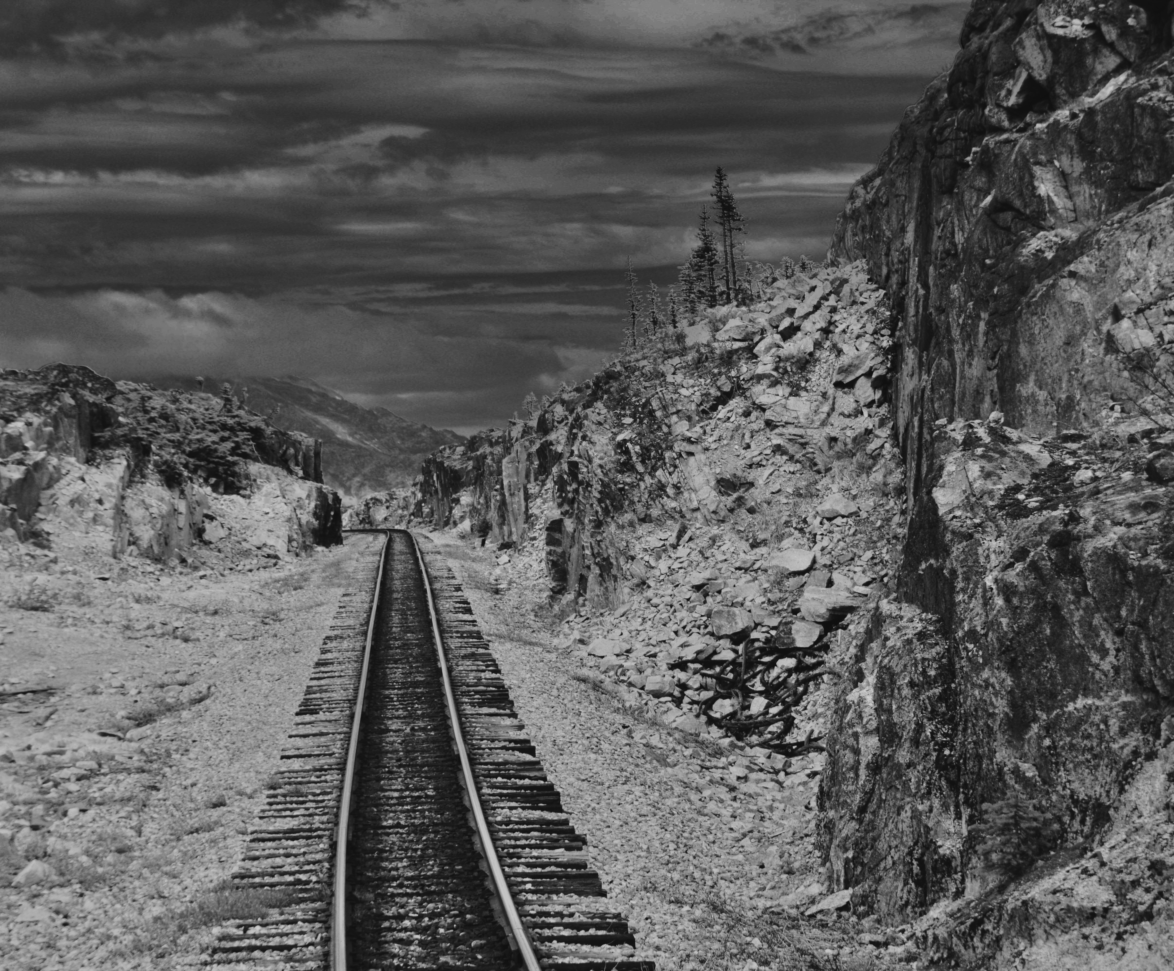 grayscale photo of train rail