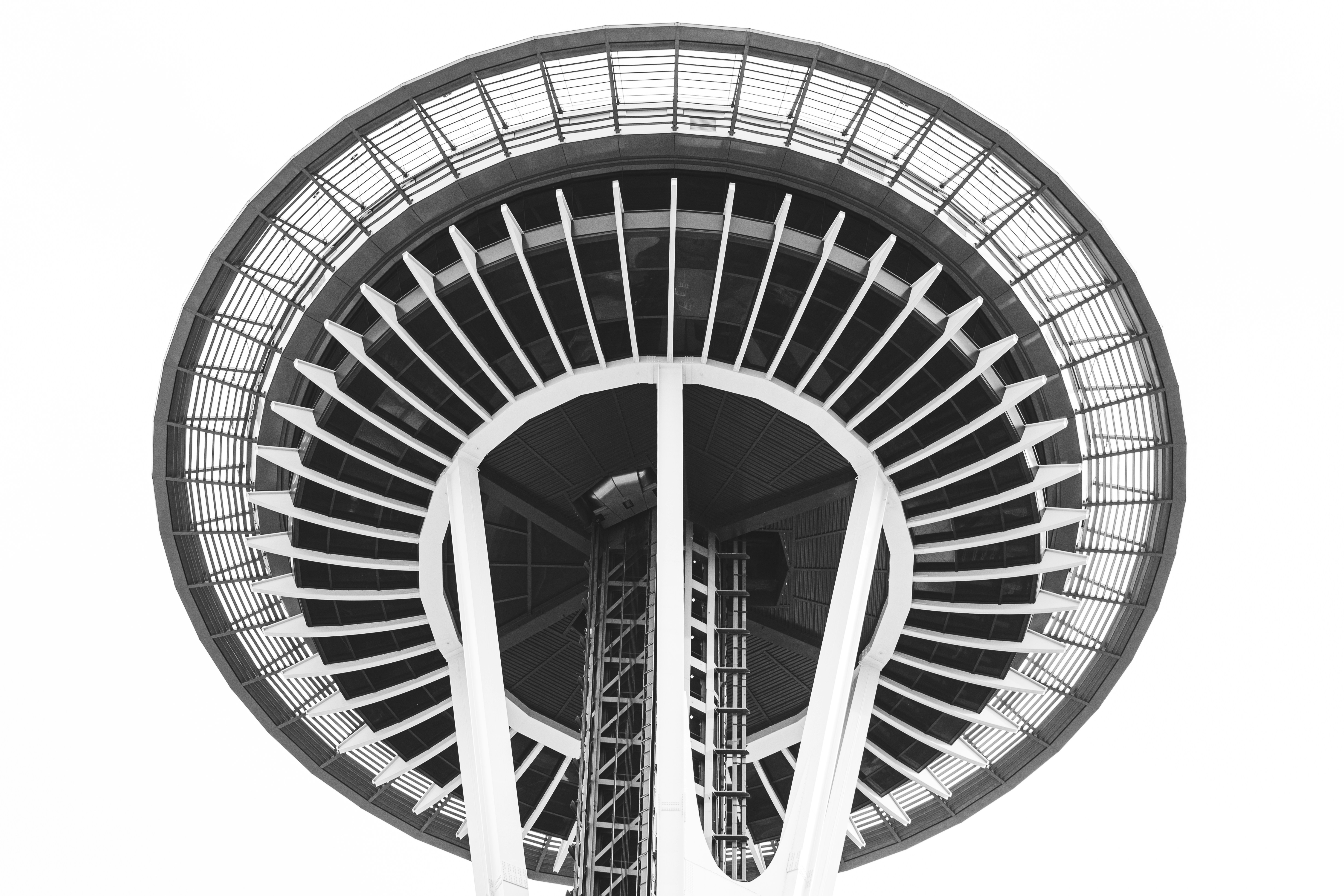 A close up of the famous Space Needle UFO-shaped upper deck