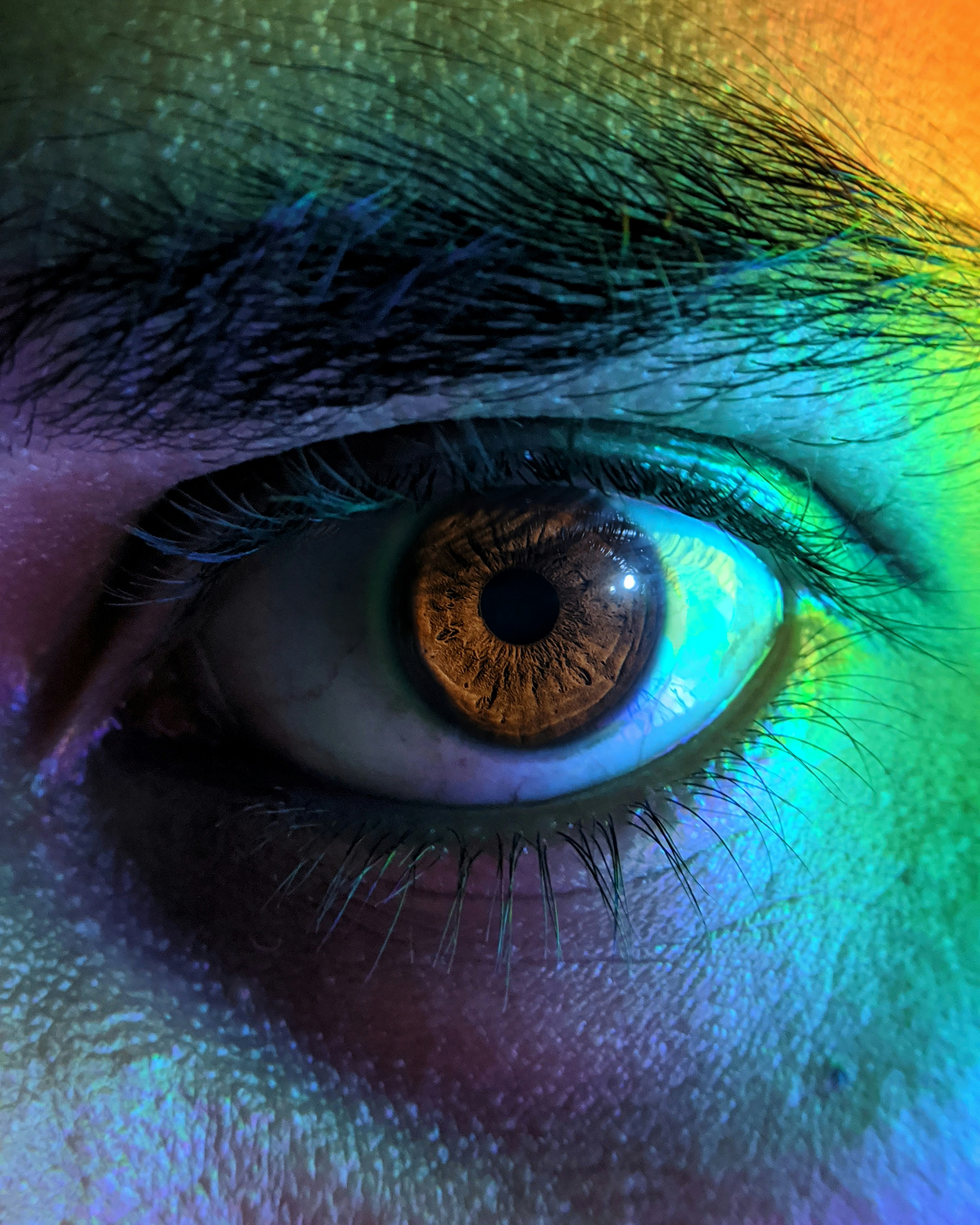 Chromatic Iris Under Neon Veil: A Close-Up Portrait