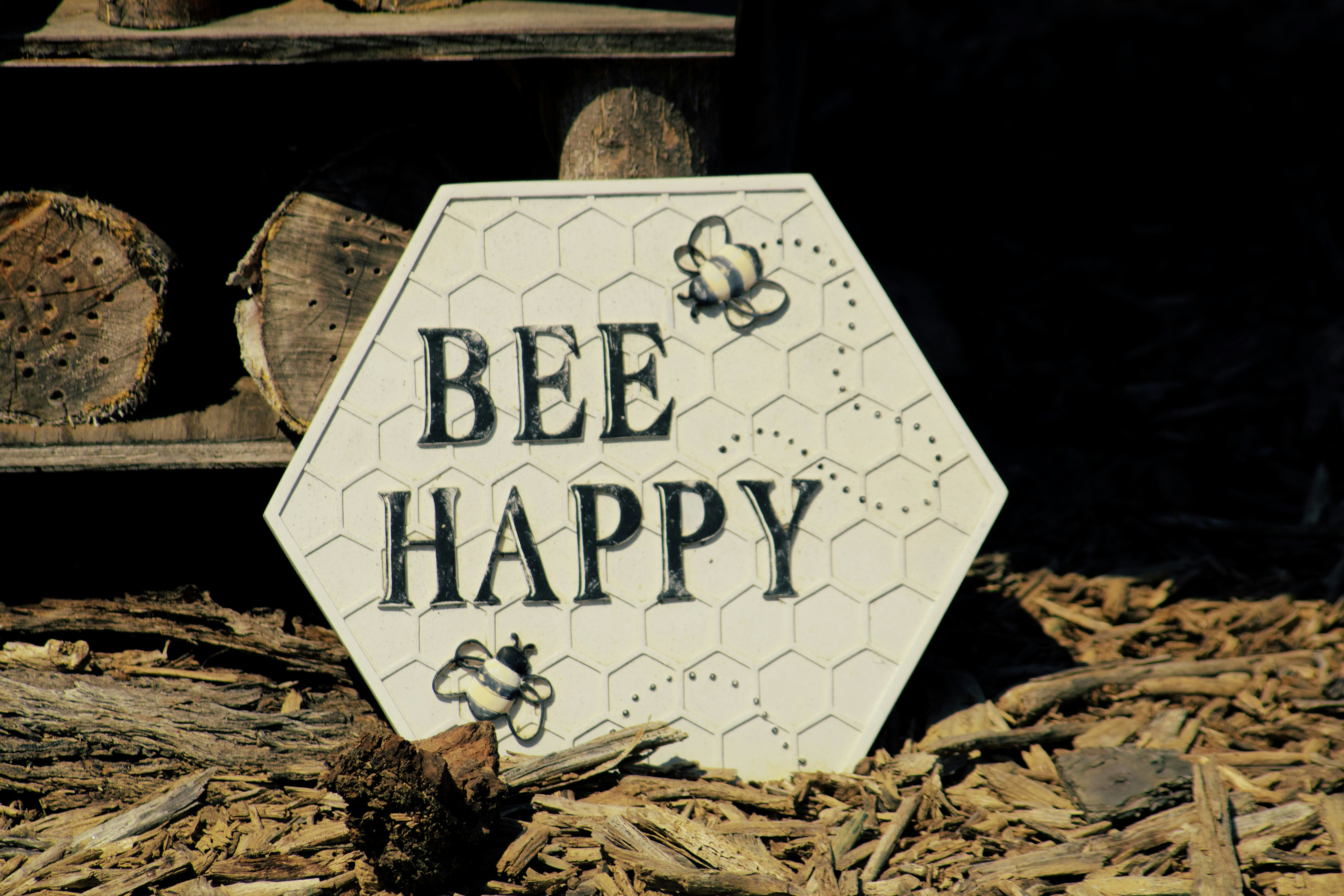 Wooden hexagonal sign with 'Bee Happy' text and bee illustrations on a natural background.