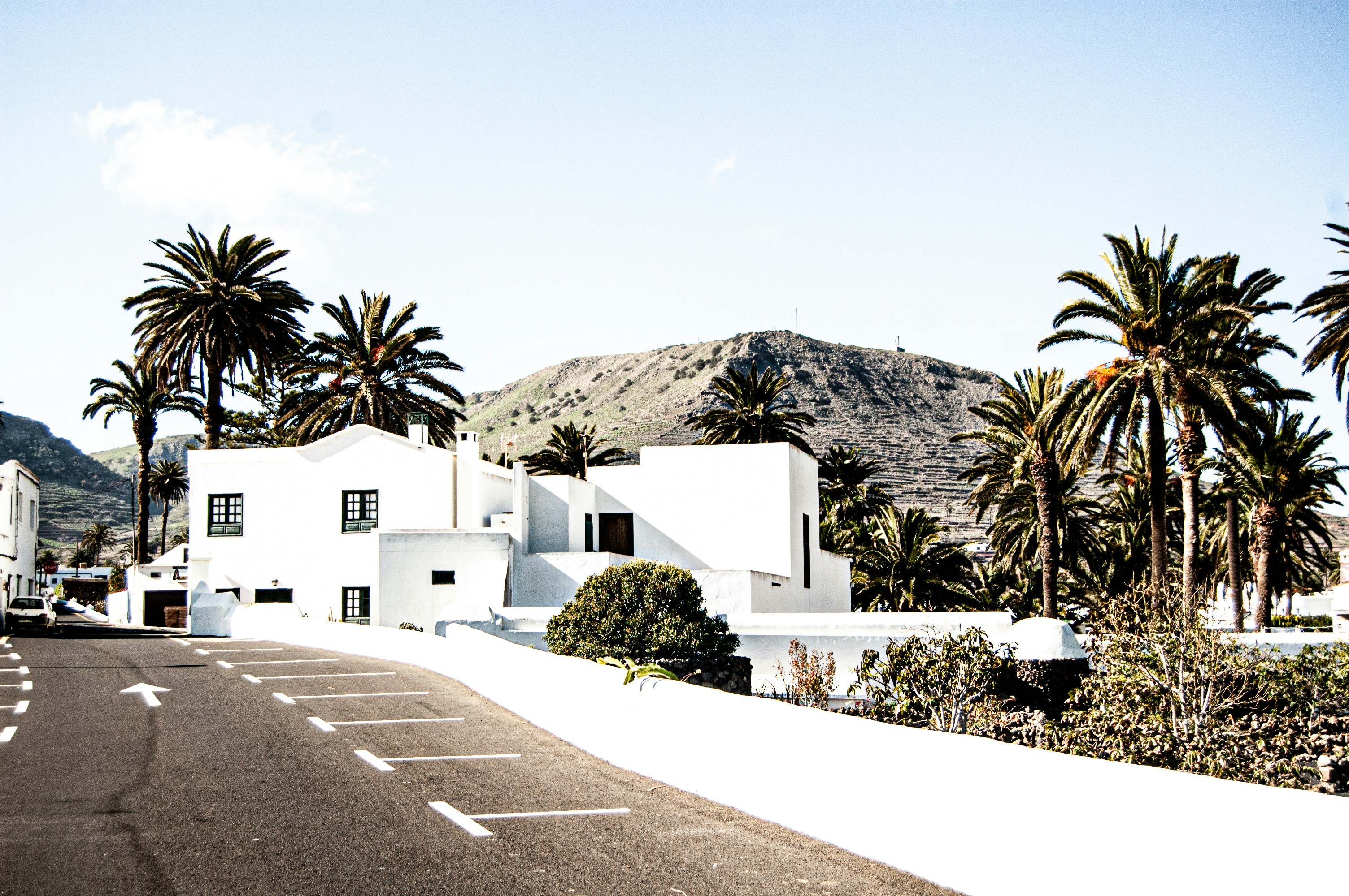 Palm-fringed white-walled village street under a rugged volcanic backdrop