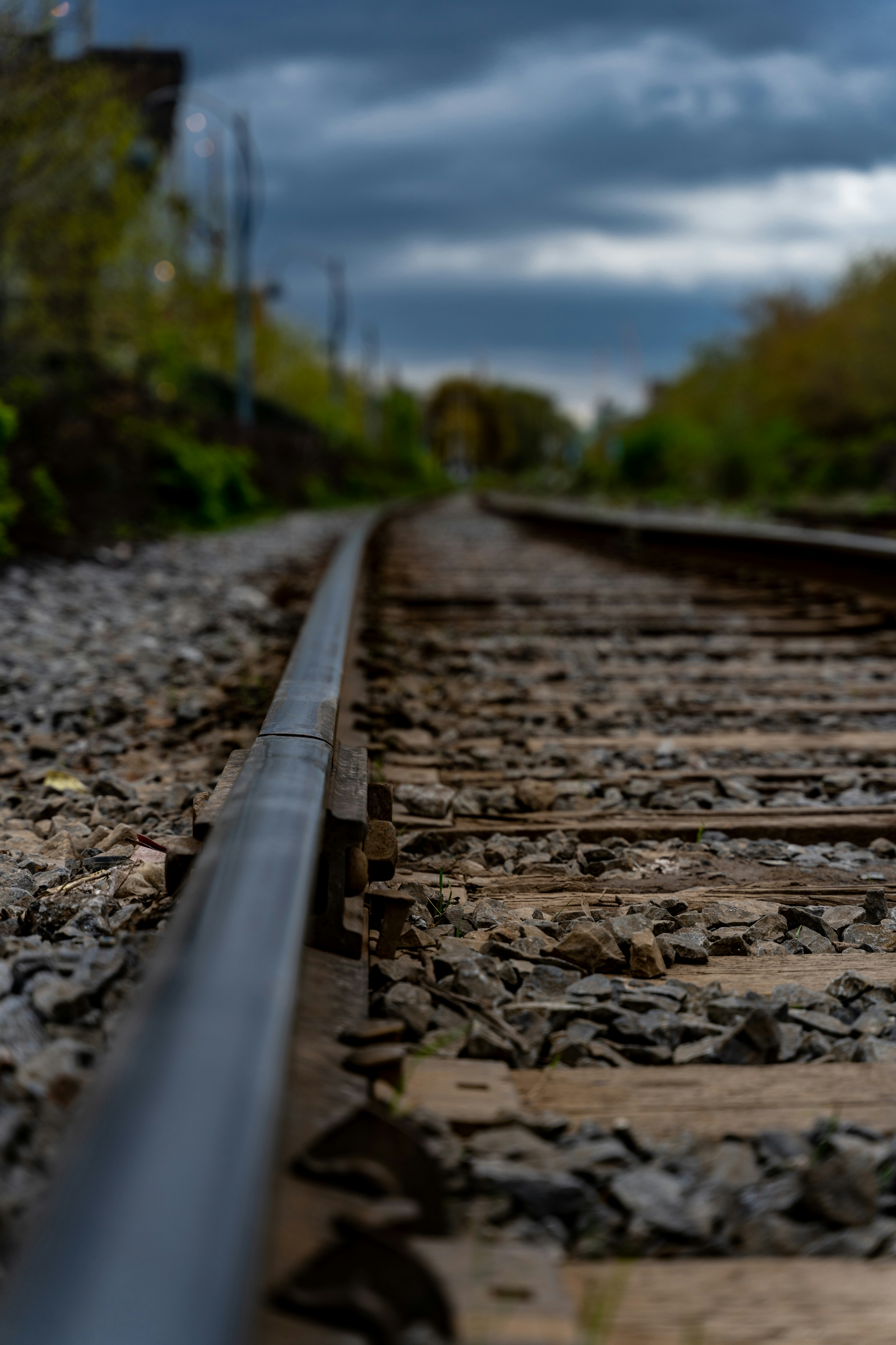 Close-up view of weathered railway tracks surrounded by lush greenery under a cloudy sky.