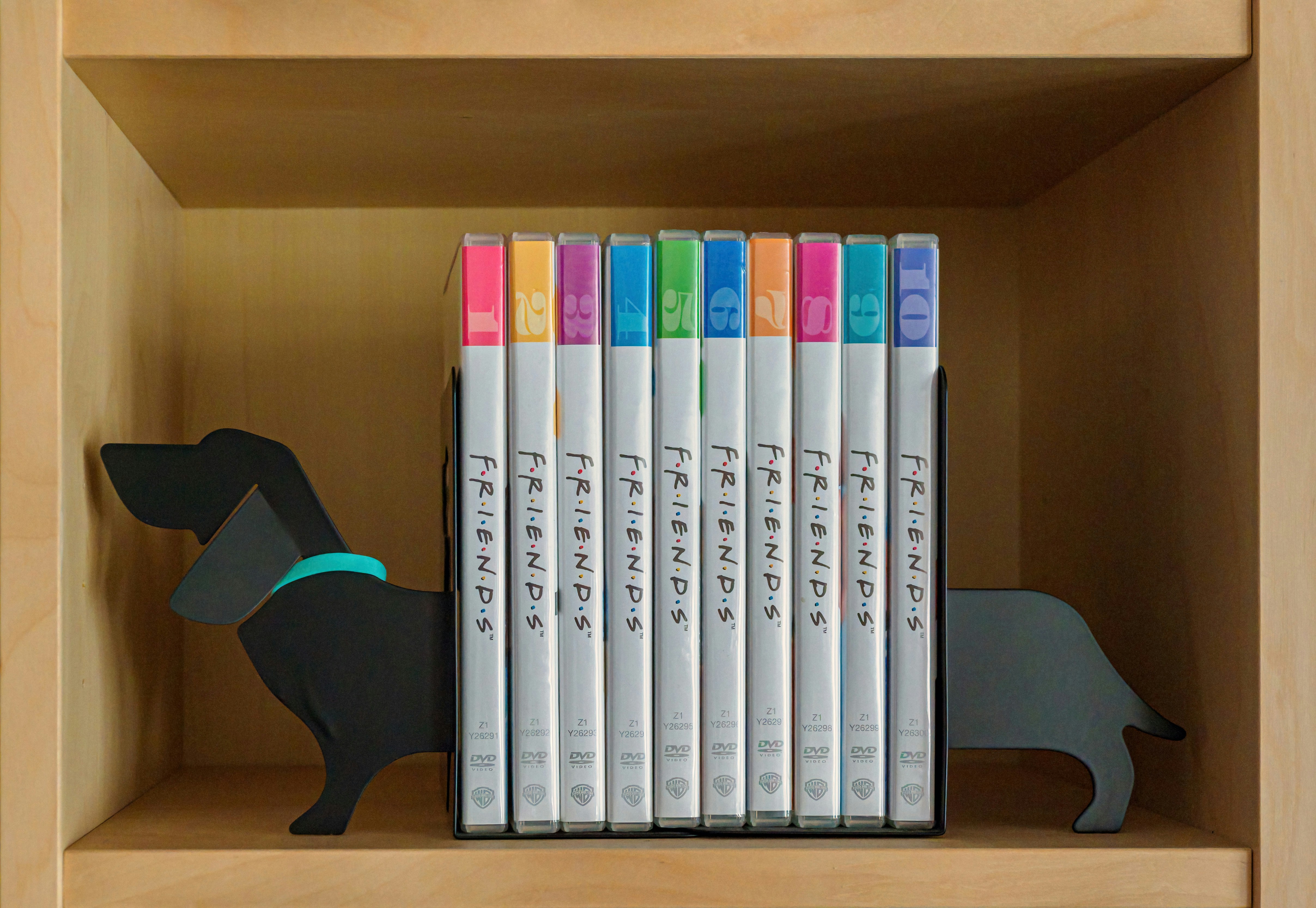 Row of F.F.I.e.N.P.S. Book Spines: Colorful Uniformity on a Wooden Shelf
