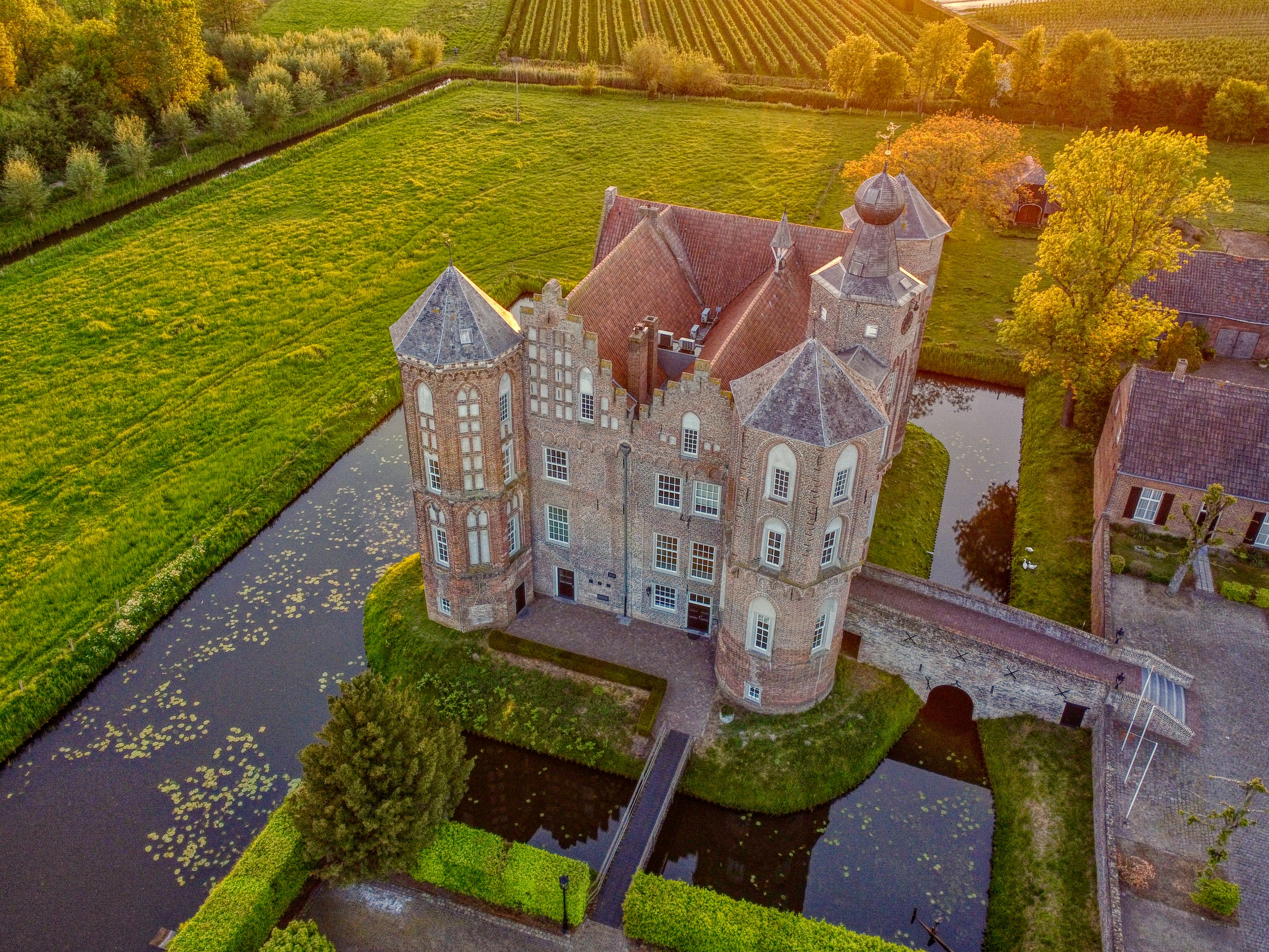 Aerial view of a historic castle surrounded by lush greenery and a tranquil moat, showcasing its architectural grandeur.