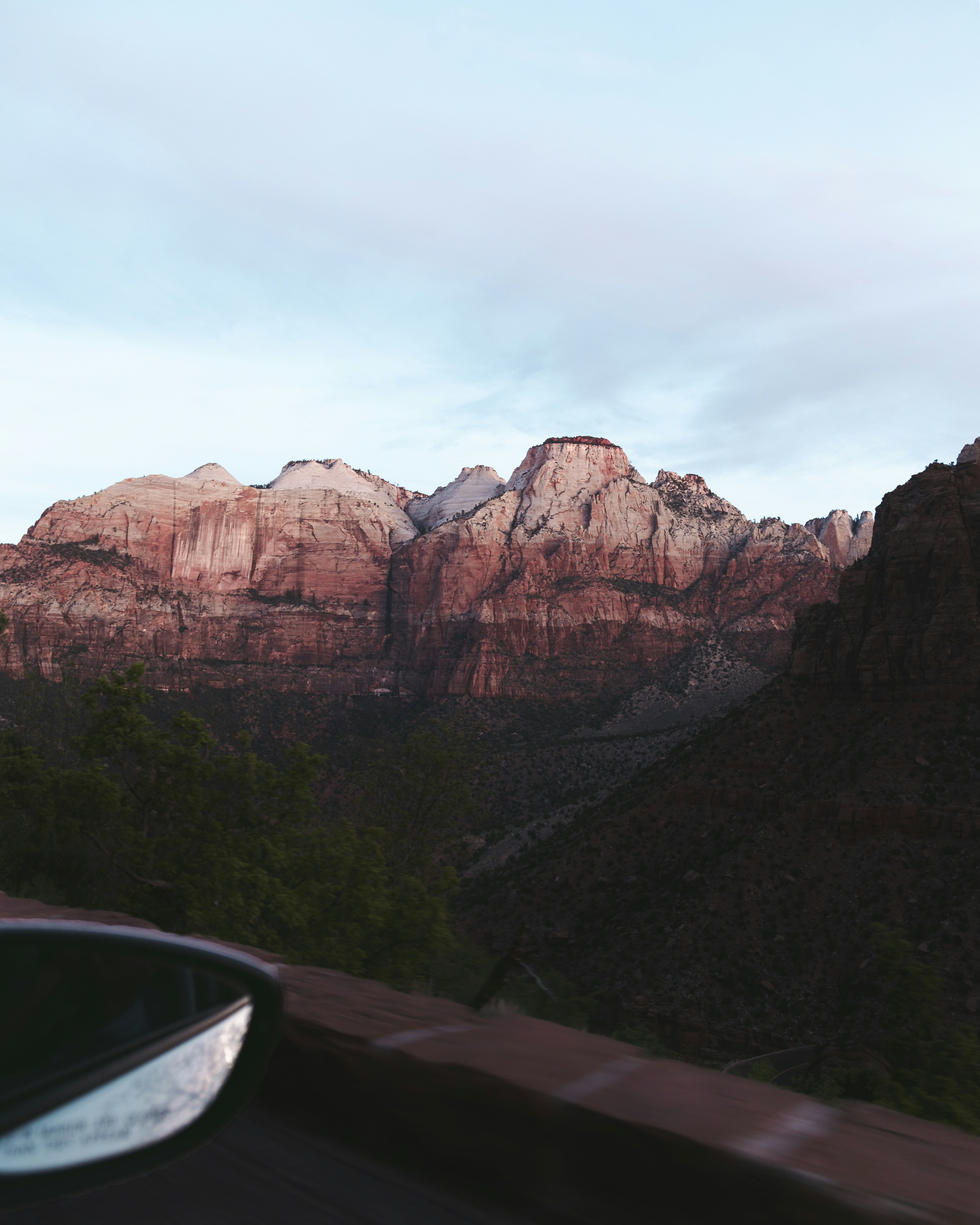 Mountain view out of a car in Zion National Park