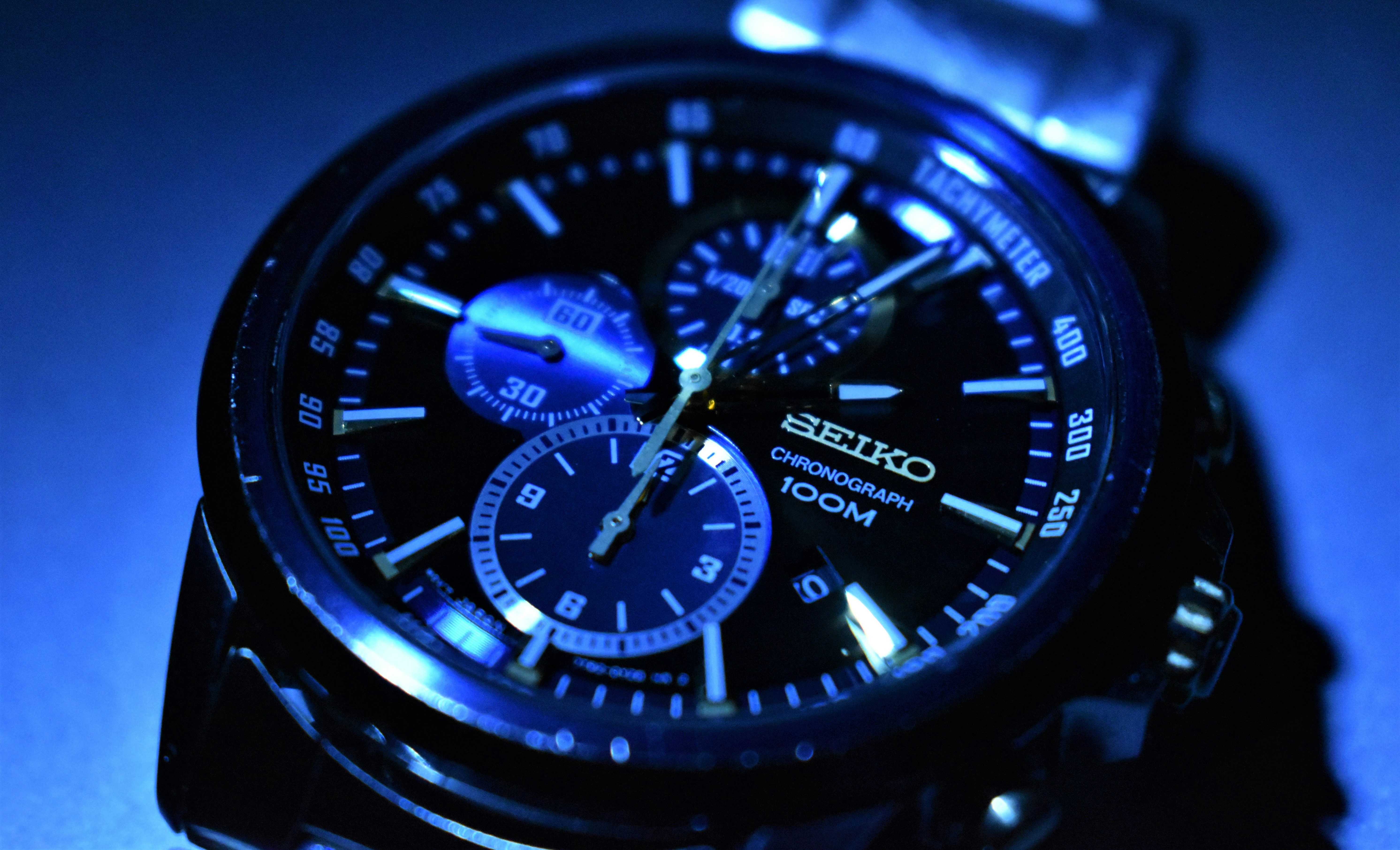 Seiko Chronograph in Electric Blue Under Neon Light