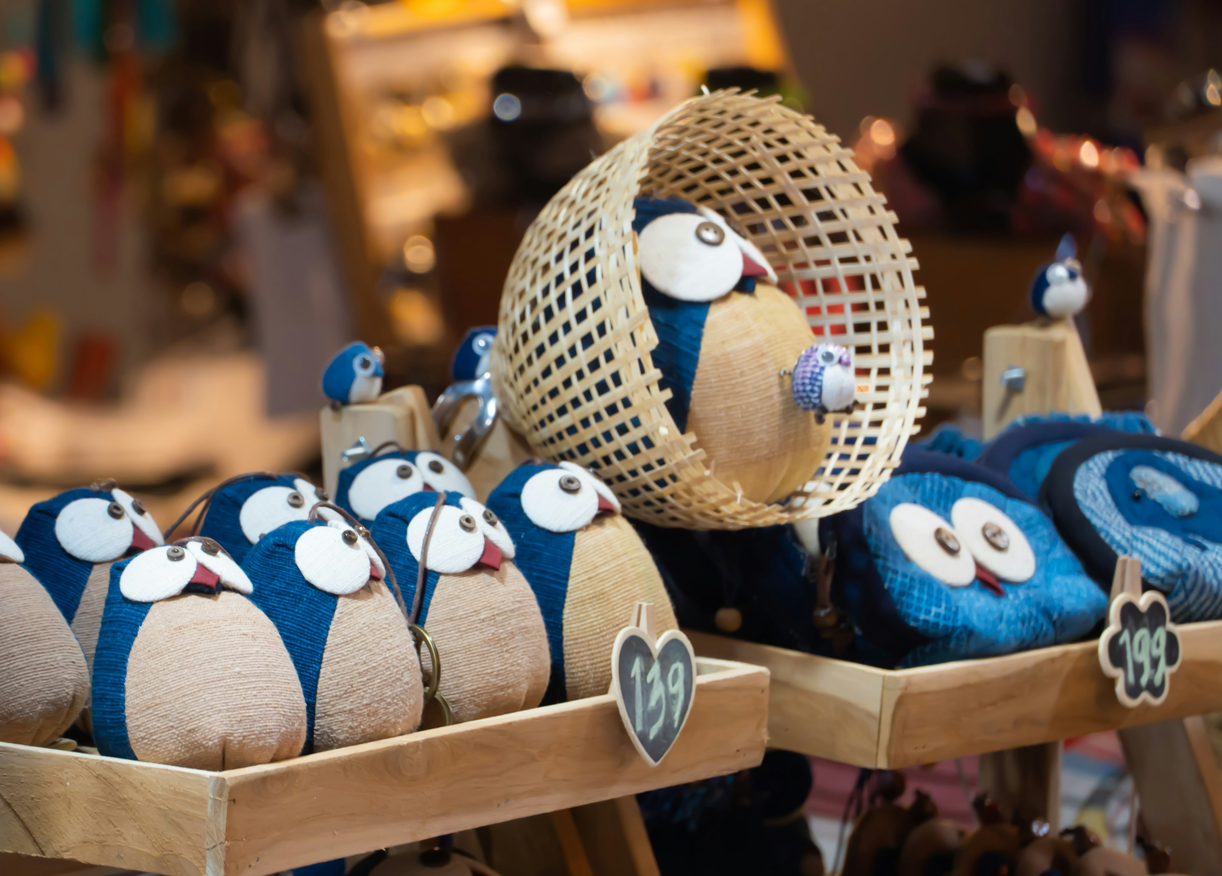 Ceramic Blue-Socked Owls in a Market Basket
