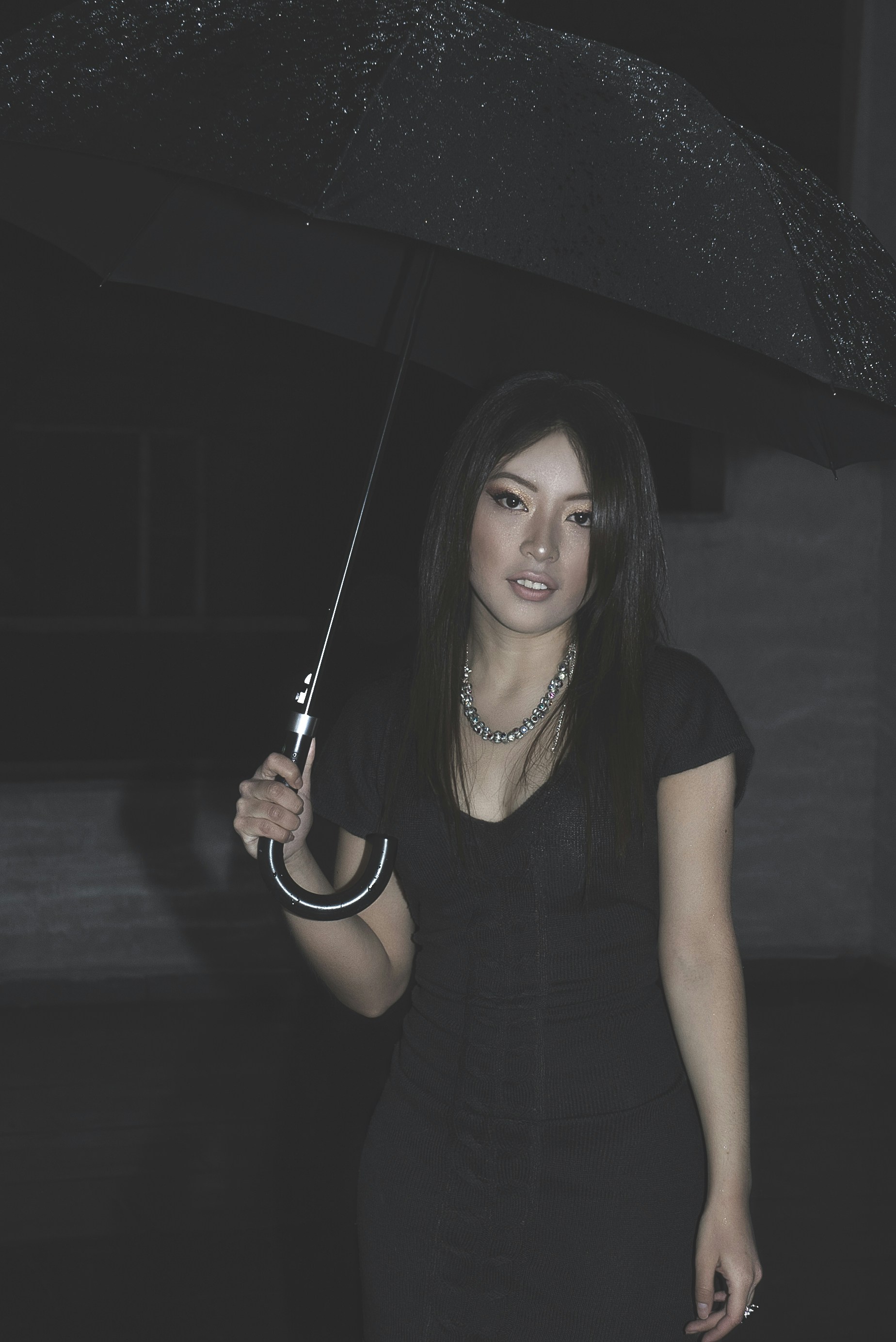 Midnight Serenade Under Rain: A Quiet Portrait with an Umbrella
