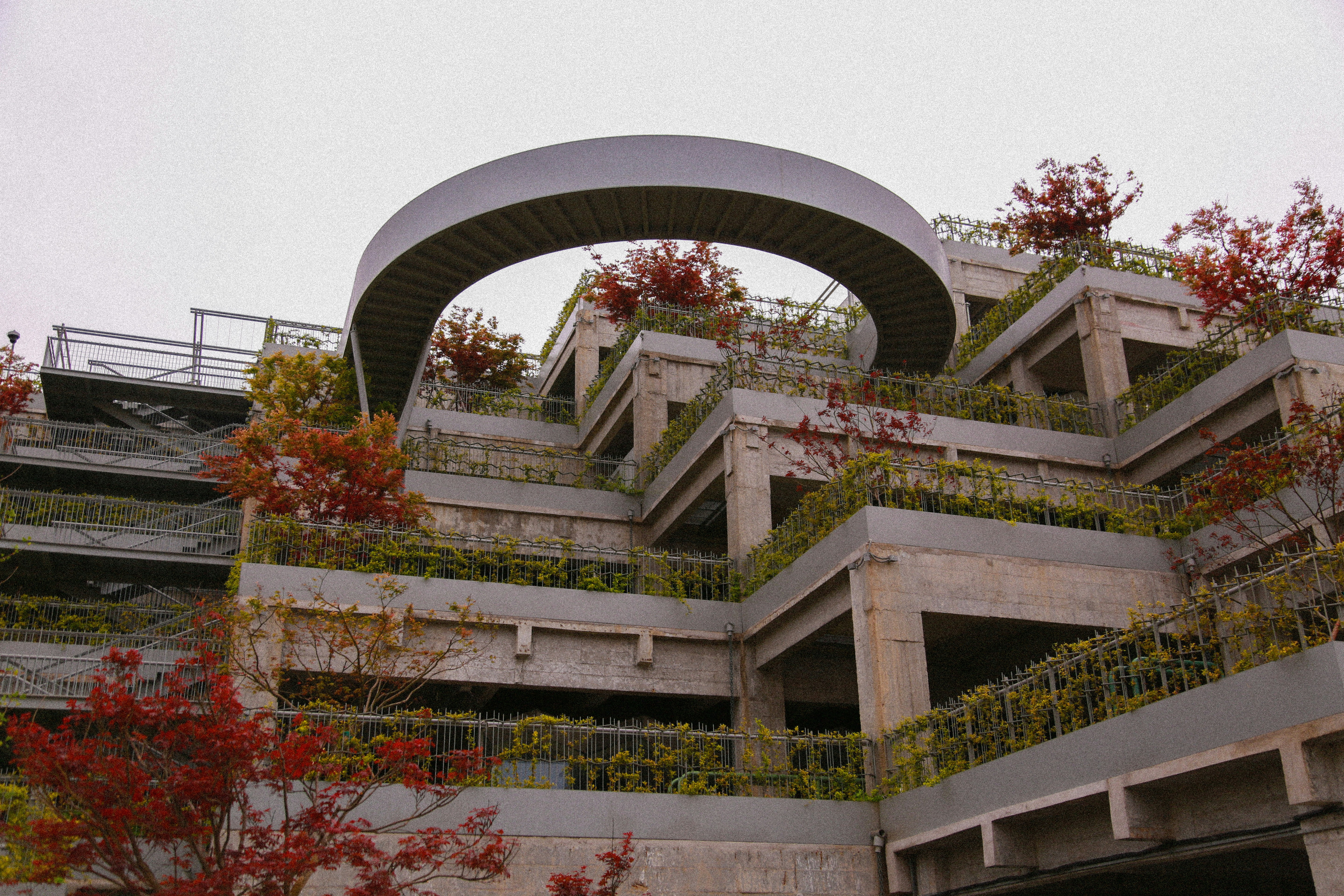 Modern architectural structure intertwined with vibrant greenery, showcasing a unique design element above. 