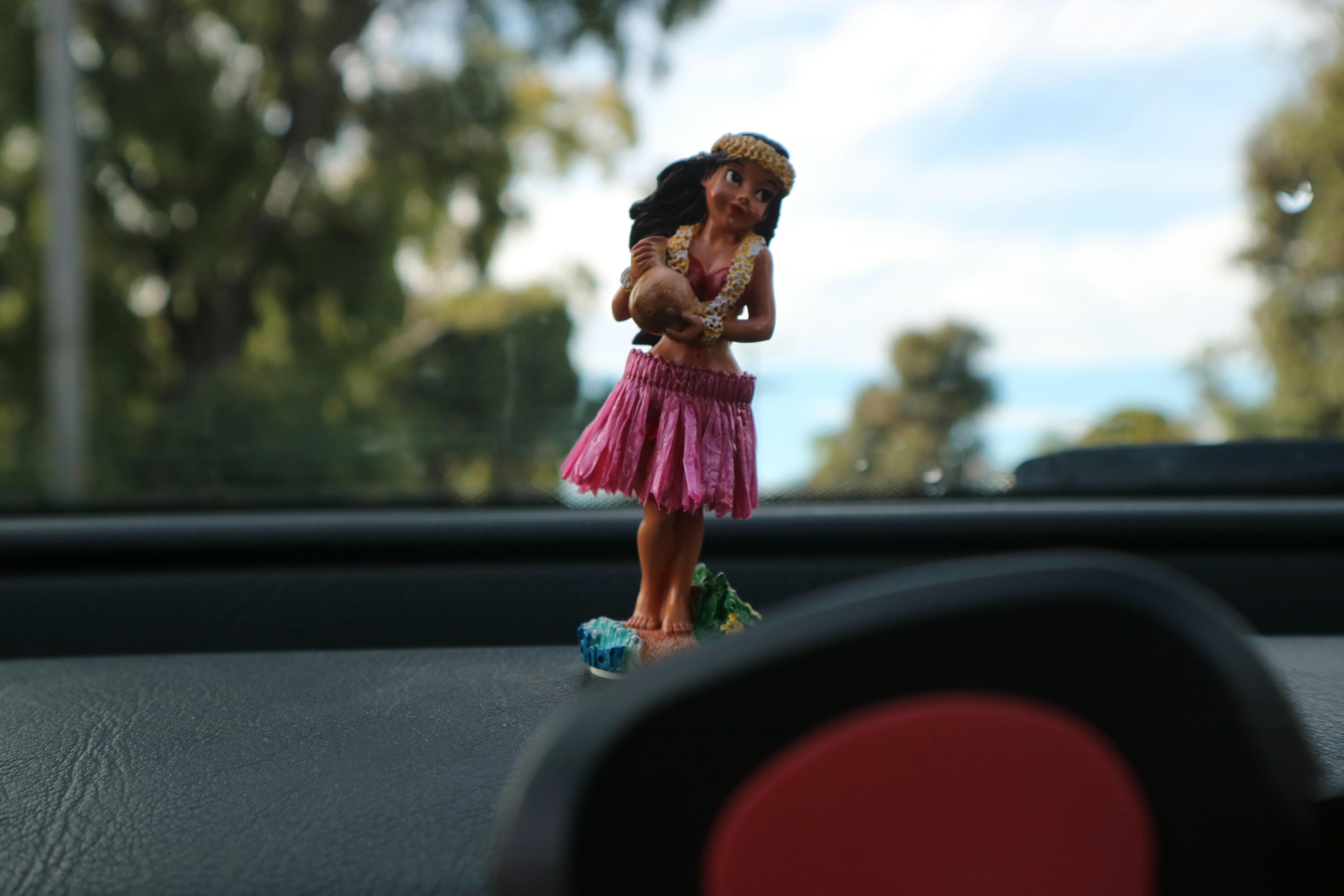 Tiny Hula-Dancer on the Dash, Focused Amid a Blur of Sky and Trees