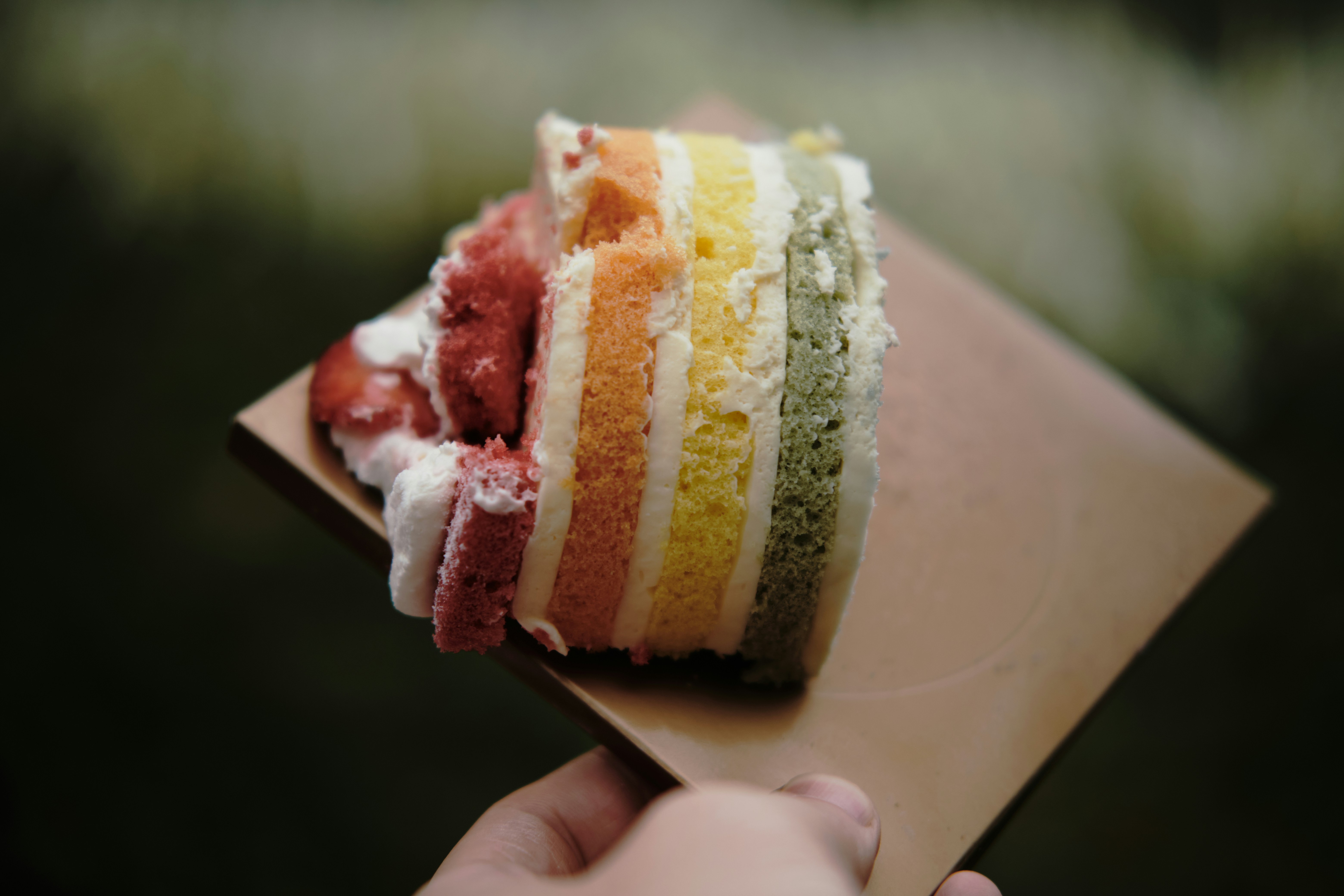 Rainbow Cake Slice on a Cardboard Plate, Handheld Against a Soft Green Blur