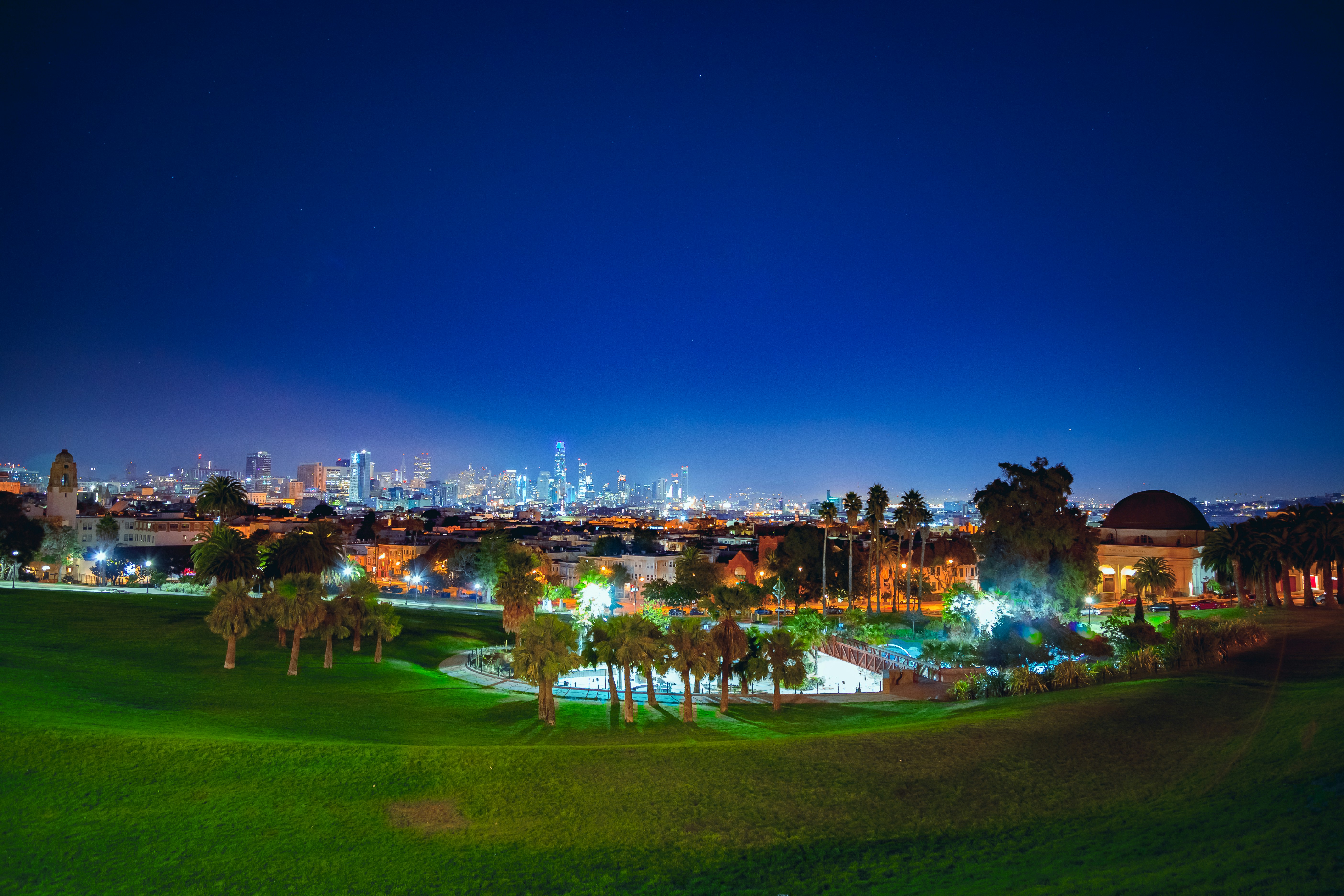 City skyline illuminated against a deep blue night sky from a vantage point in Mission Dolores Park.