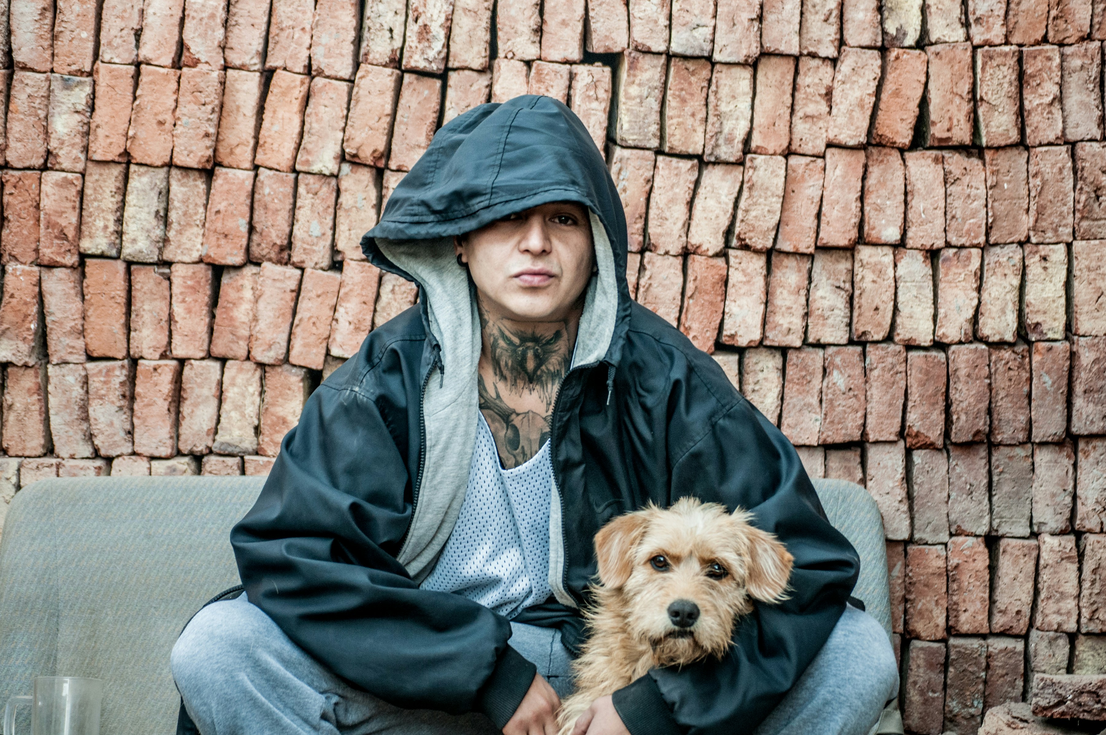 Hooded Stillness: Portrait Against a Brick Wall with a Loyal Canine