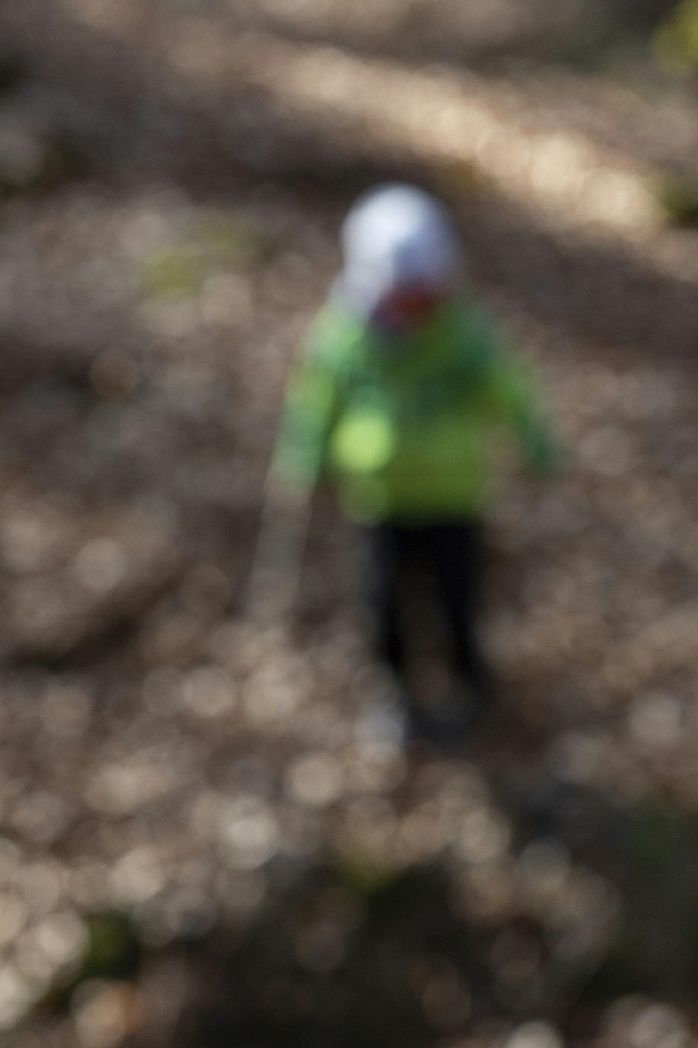 Hazy Path: A Blurred Child in a Neon Jacket Steps Through the Forest