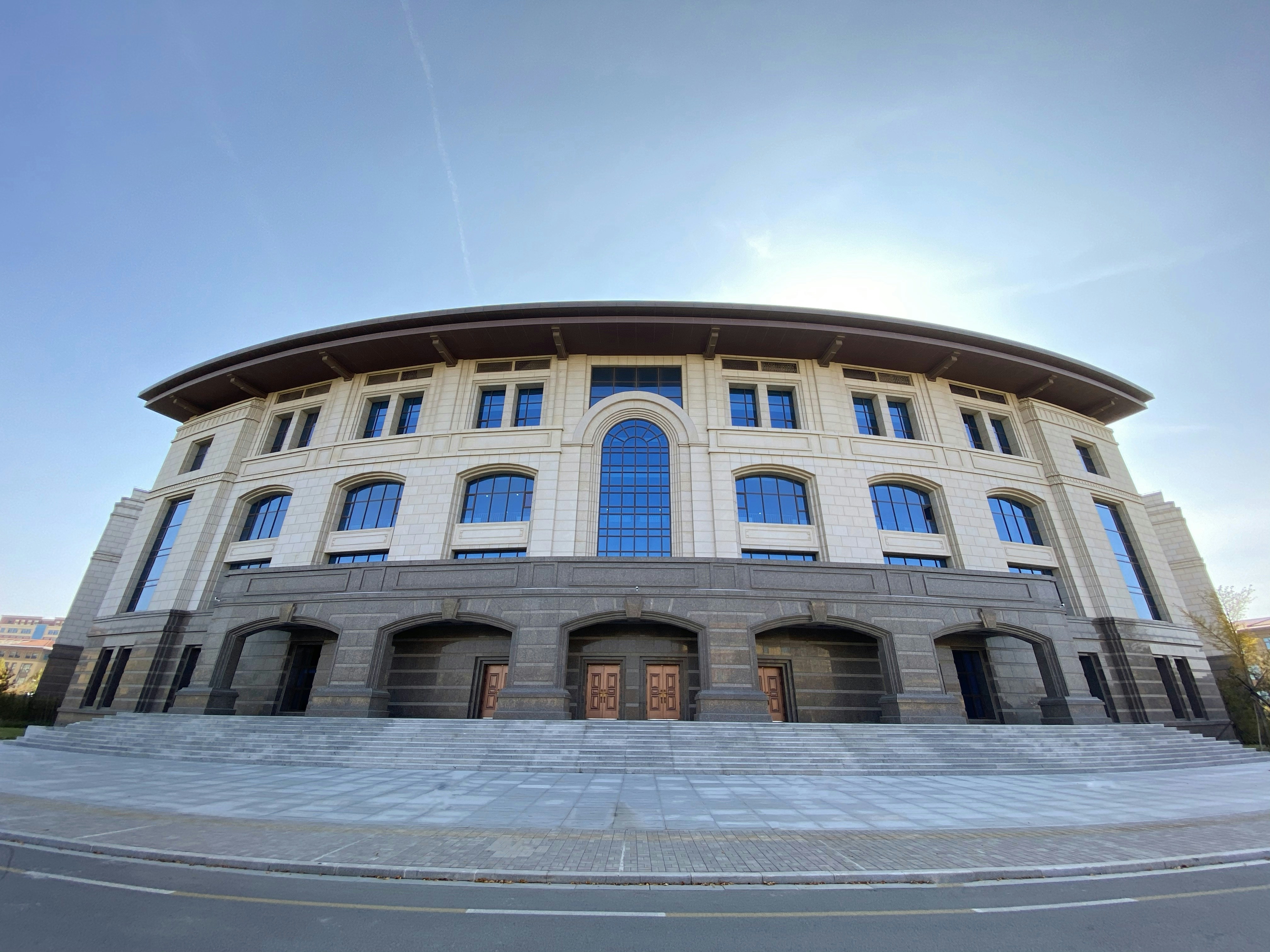 Symmetrical Academy Facade: The Grand Stone Stair and Arched Windows
