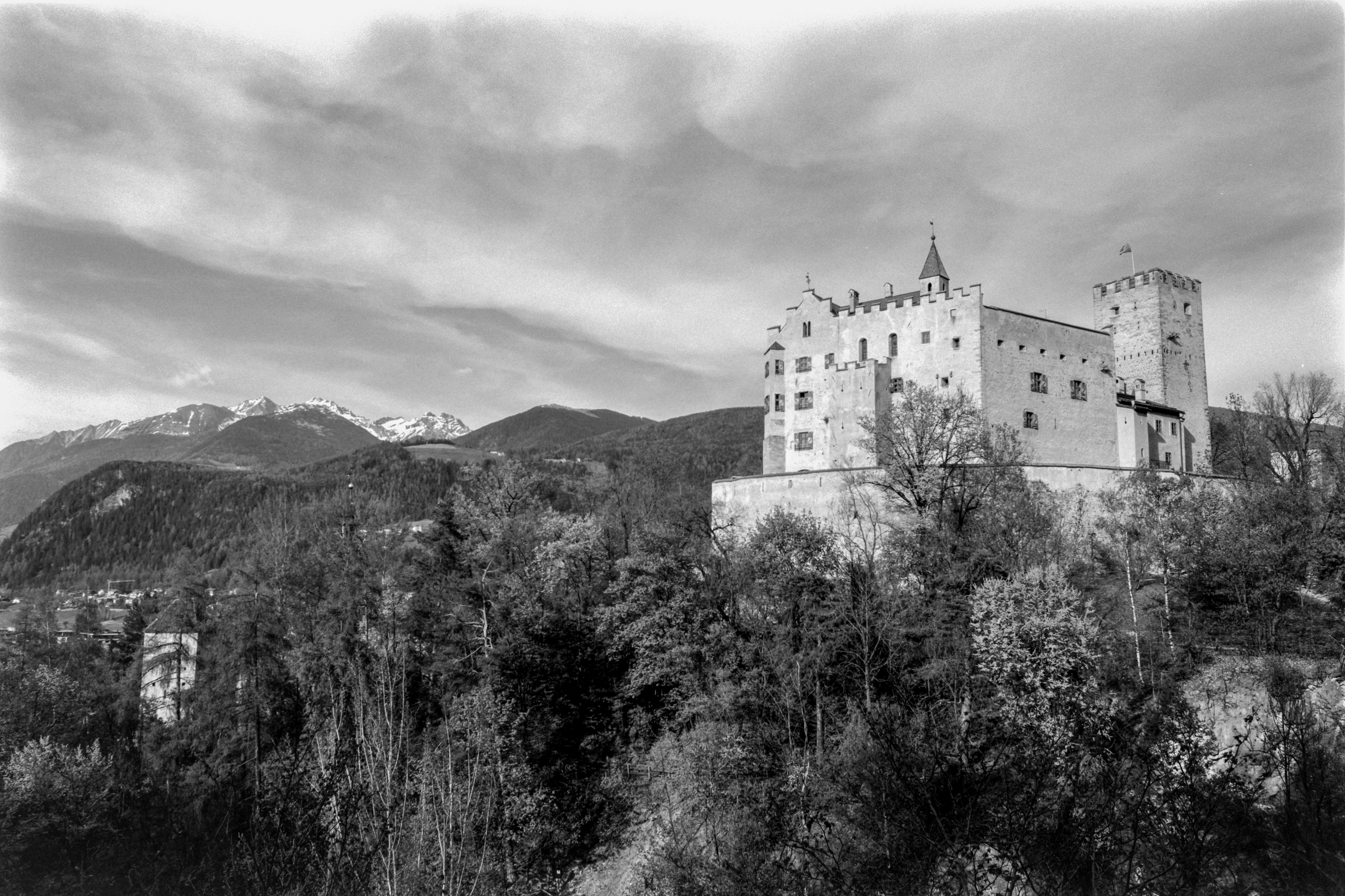 Grayscale view of a castle nestled among trees with mountain backdrop.