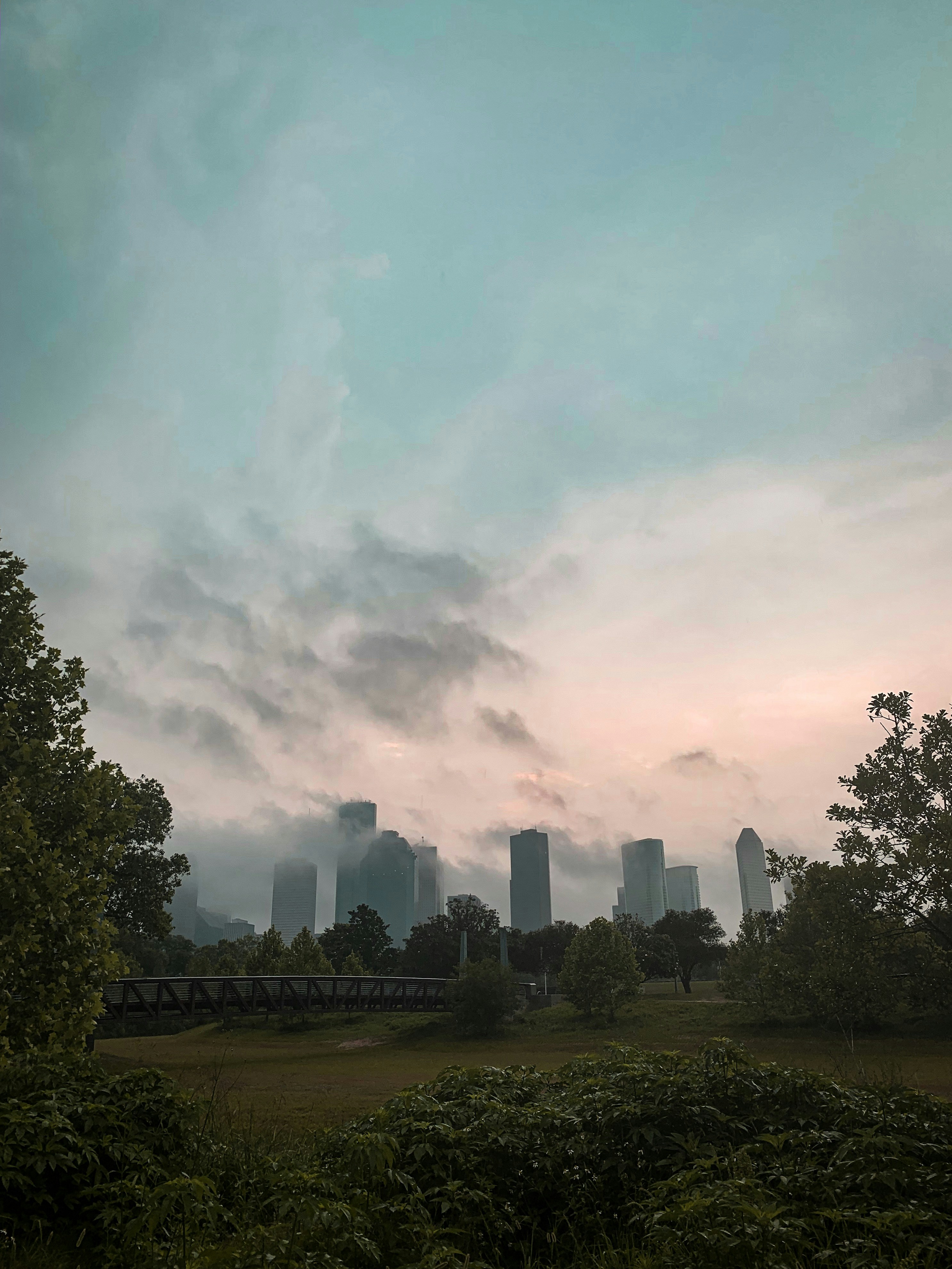 Silhouetted skyline shrouded in mist, framed by lush greenery and a serene park setting. The soft light creates a tranquil atmosphere.
