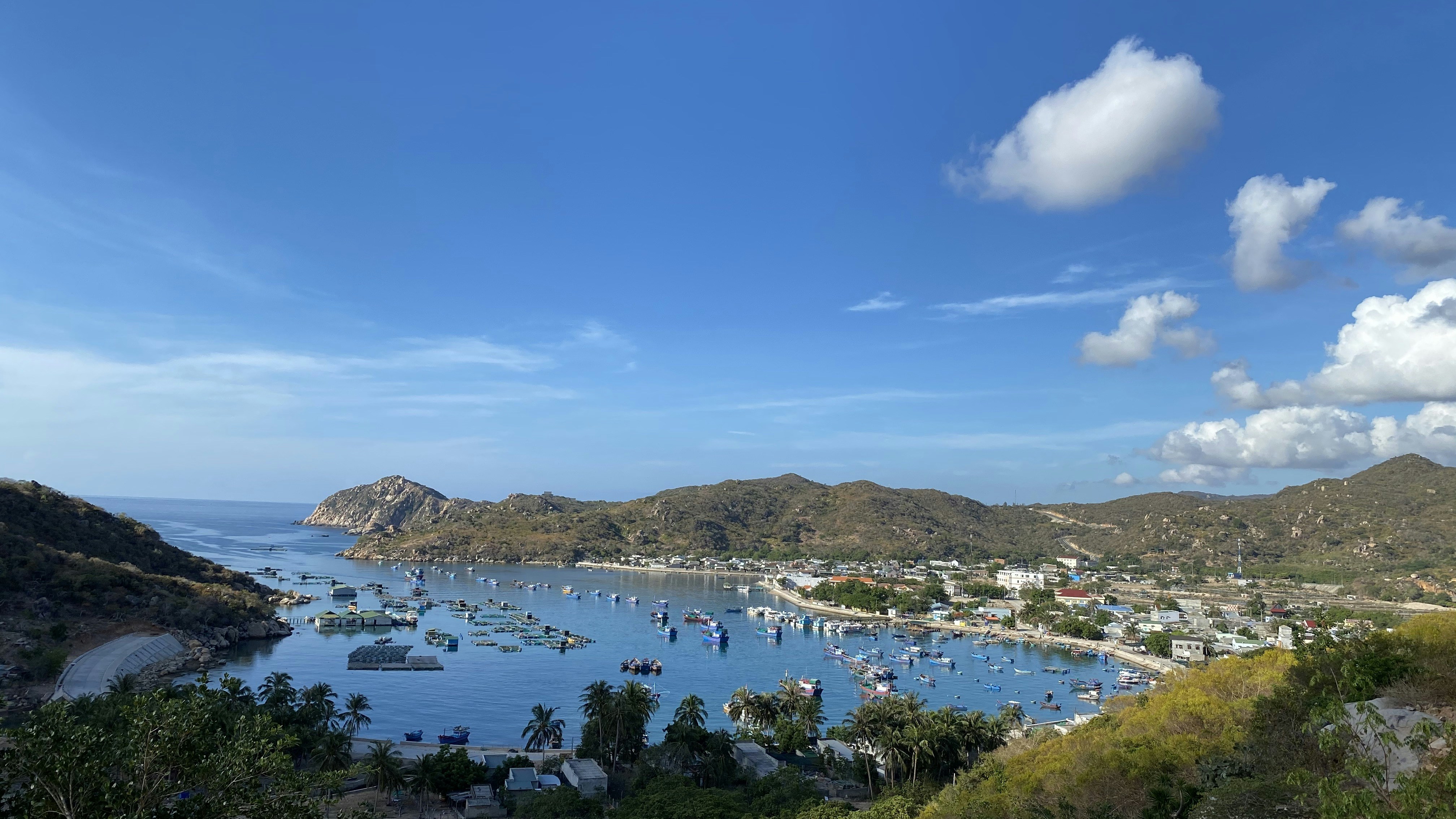 Vibrant harbor scene with boats anchored in tranquil waters, framed by lush hills and a clear blue sky.