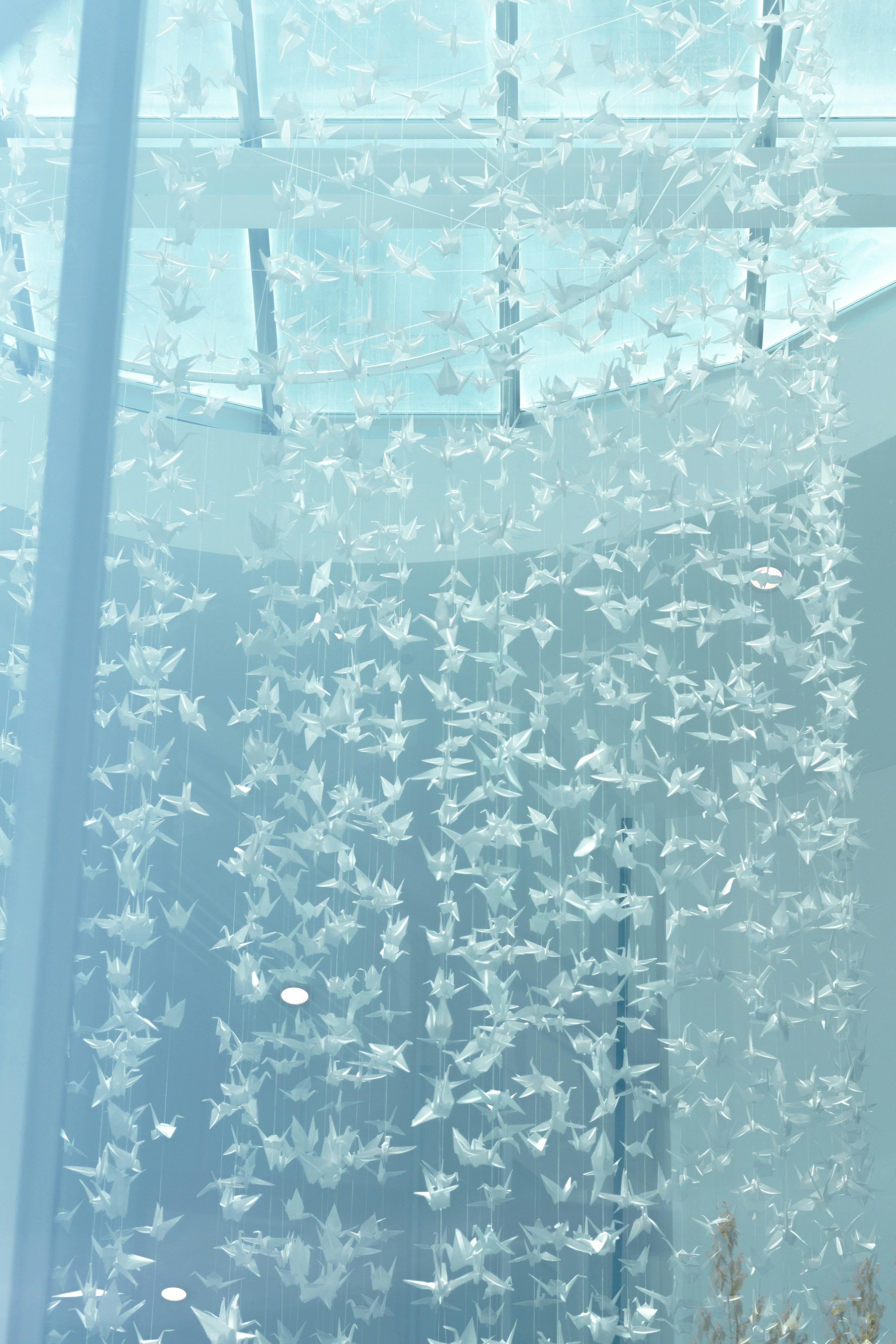 Cyan Cascade: An Atrium Adorned with Paper Cranes