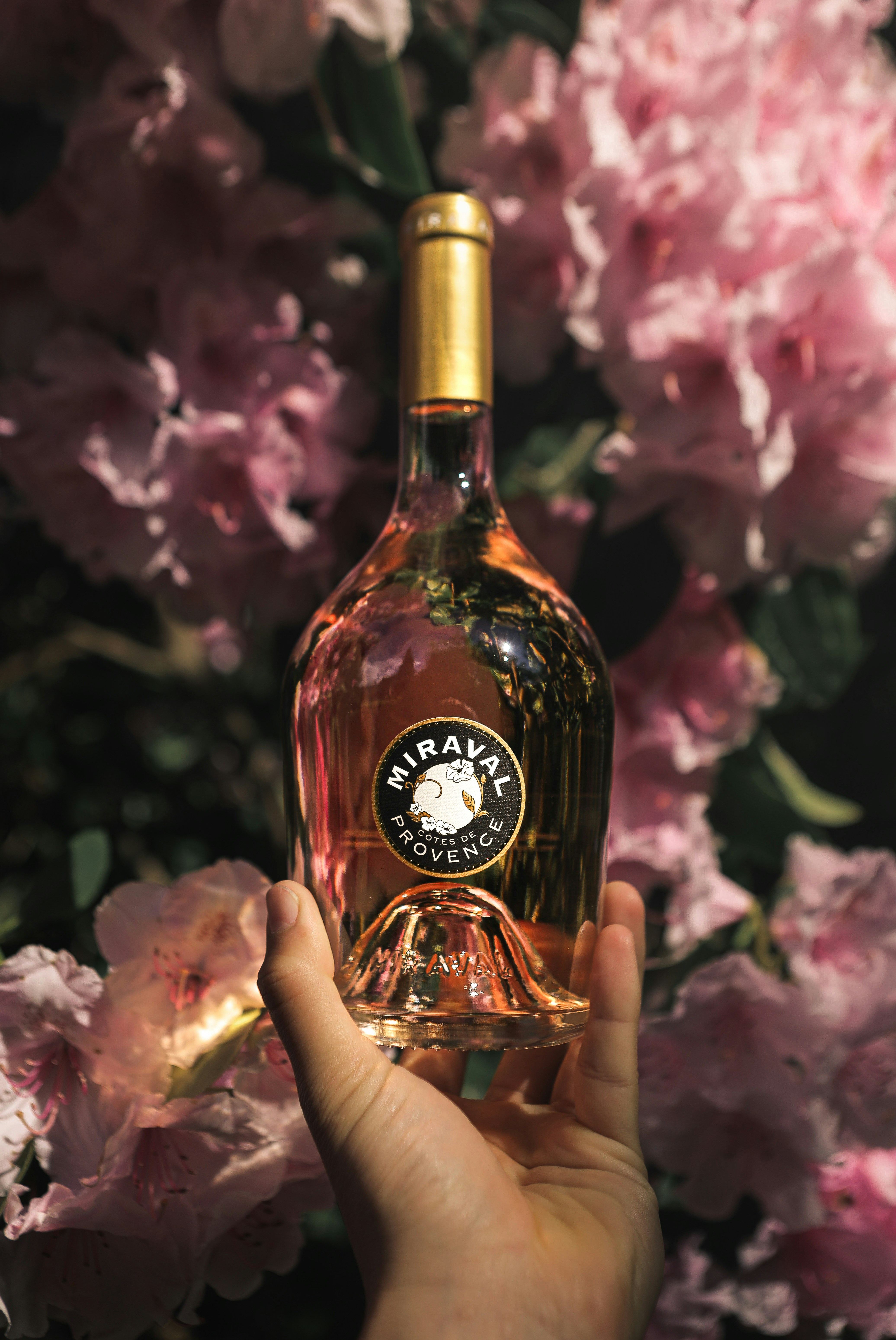 A hand holds a bottle of Miraval rosé wine, elegantly framed by vibrant pink flowers, showcasing the connection between nature and fine wine.