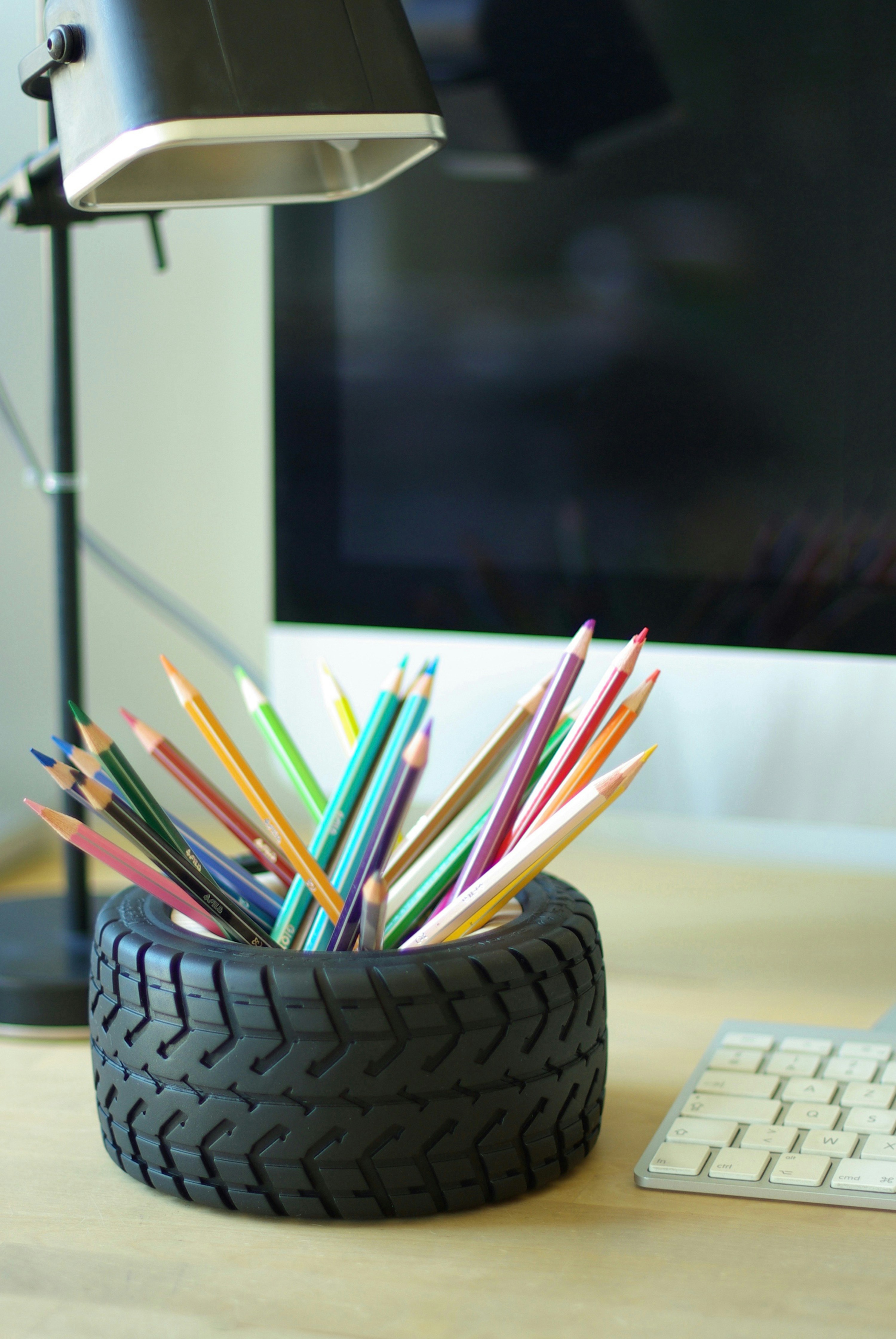 Pencil Bouquet in a Tire-Planter on a Modern Desk