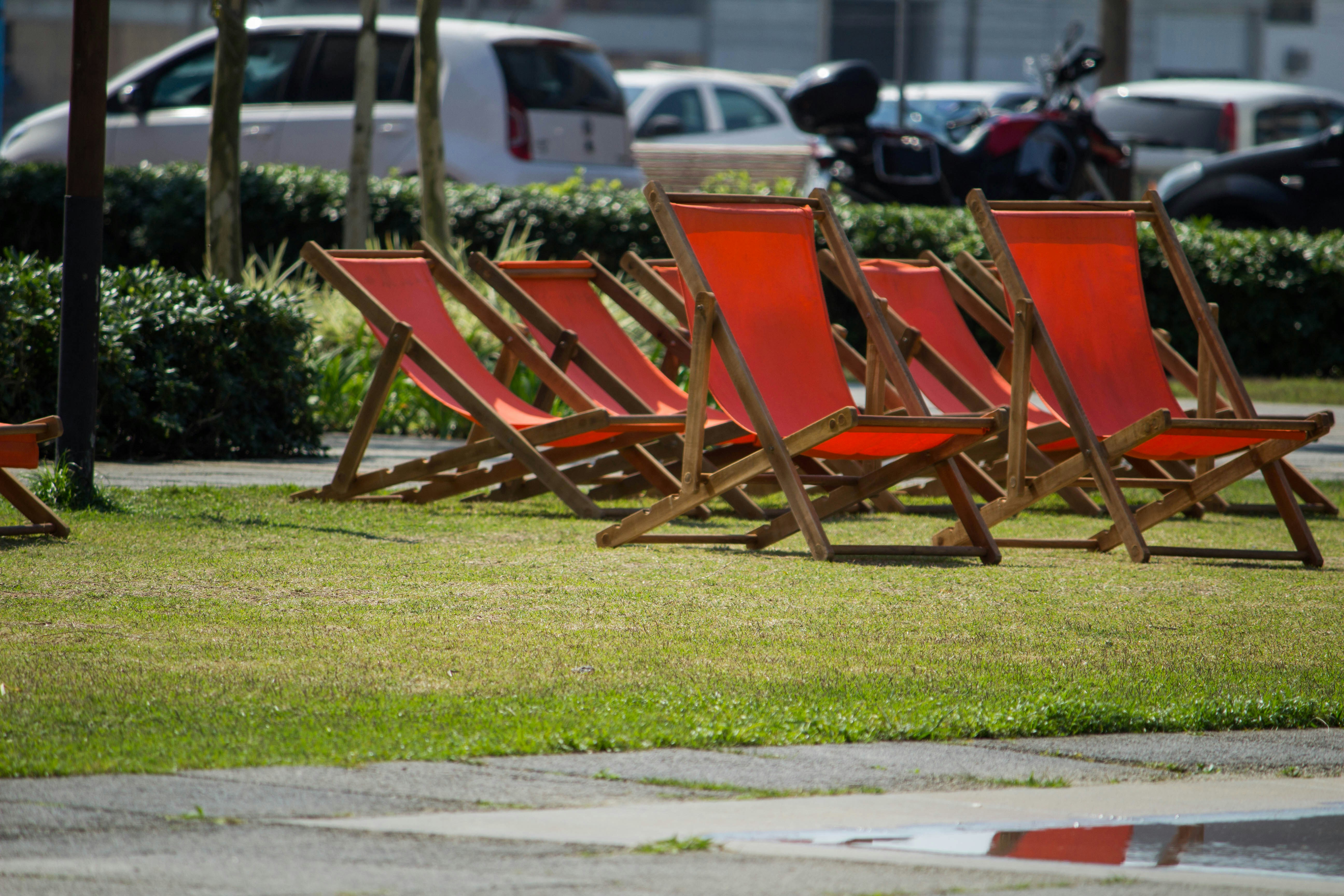 Sunlit Row of Orange Deck Chairs in a Park