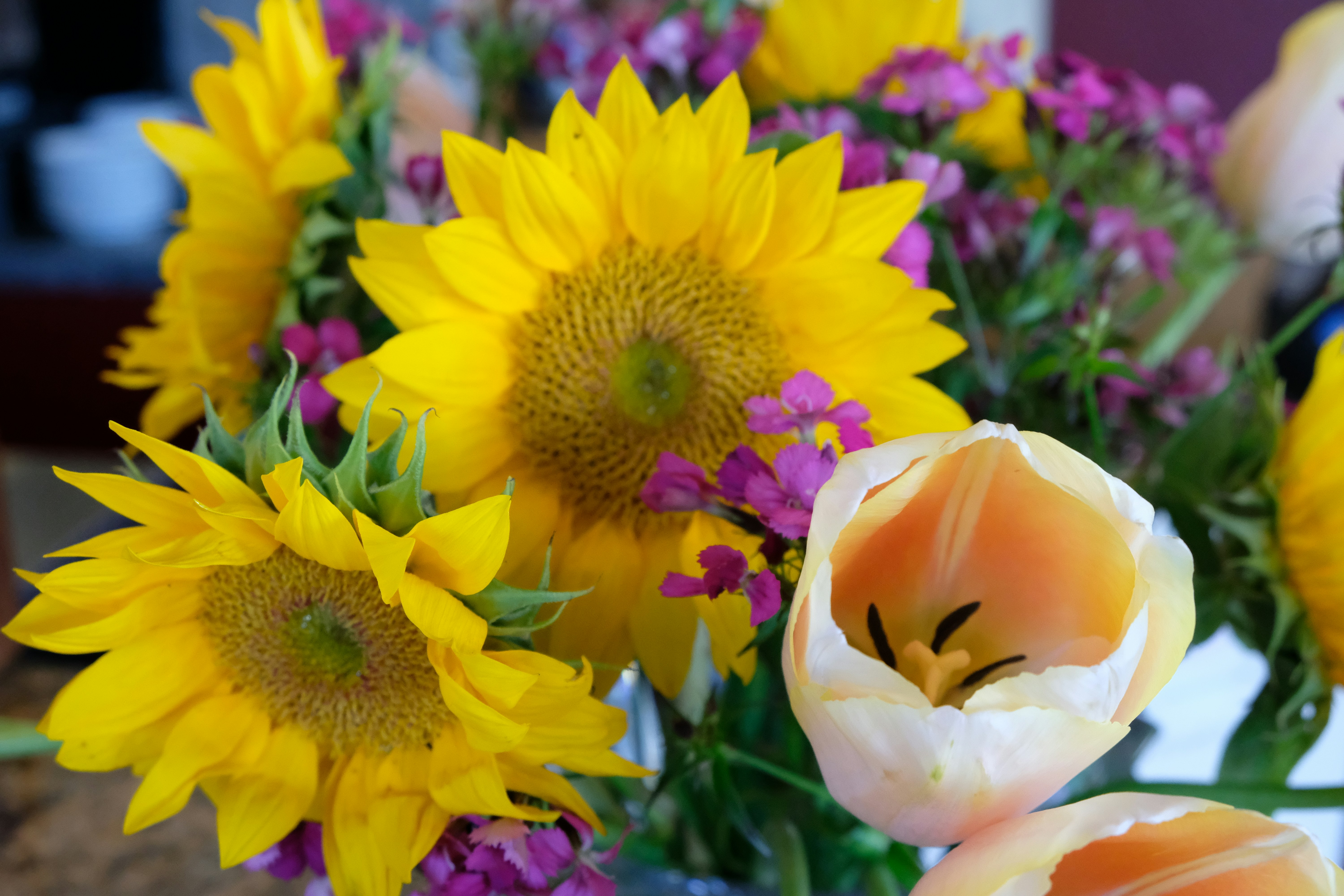 Vibrant sunflowers and tulips with purple accents in a bright, floral arrangement.