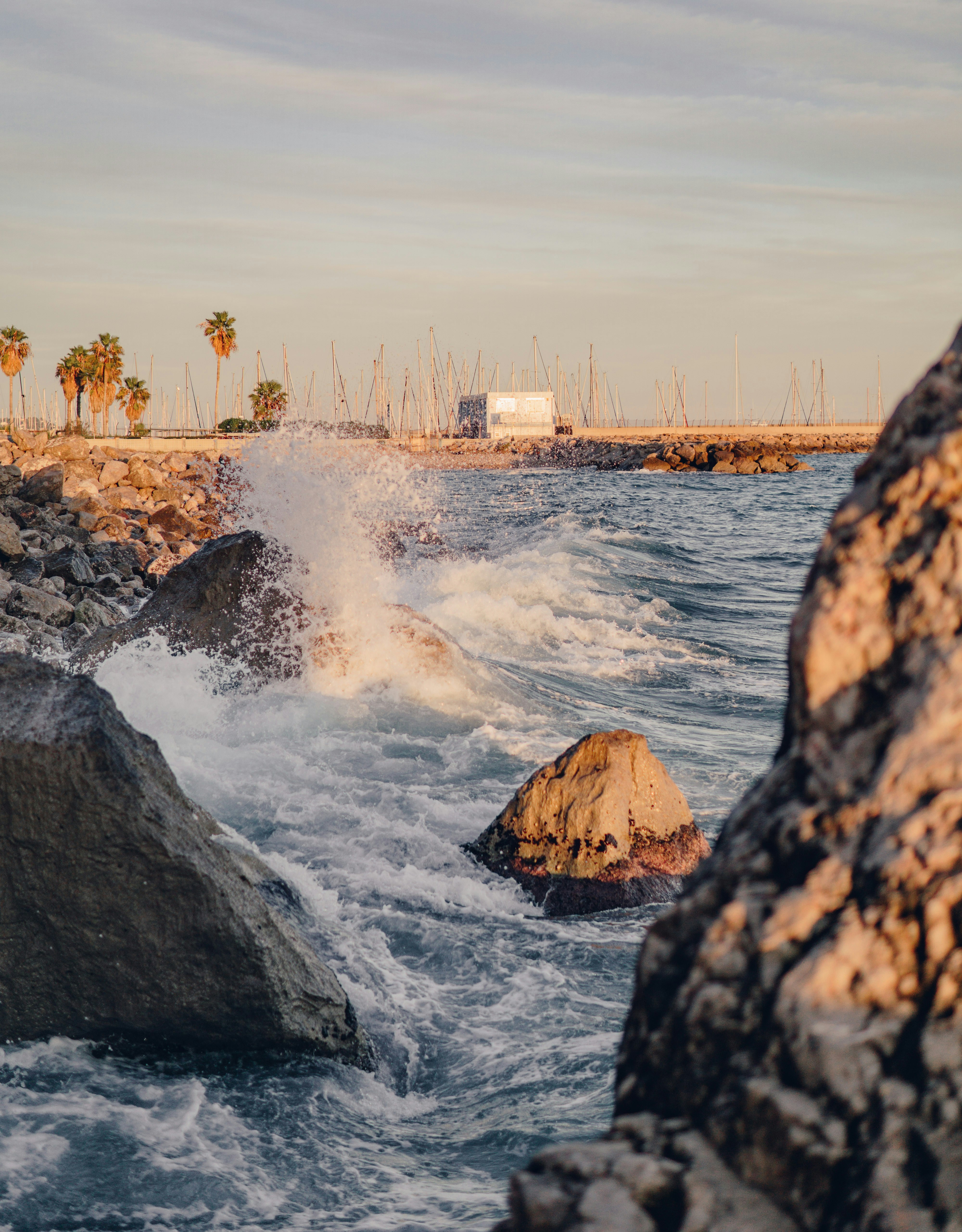 Waves crashing against rocky shore at sunset, with palm trees and distant boats in the background.