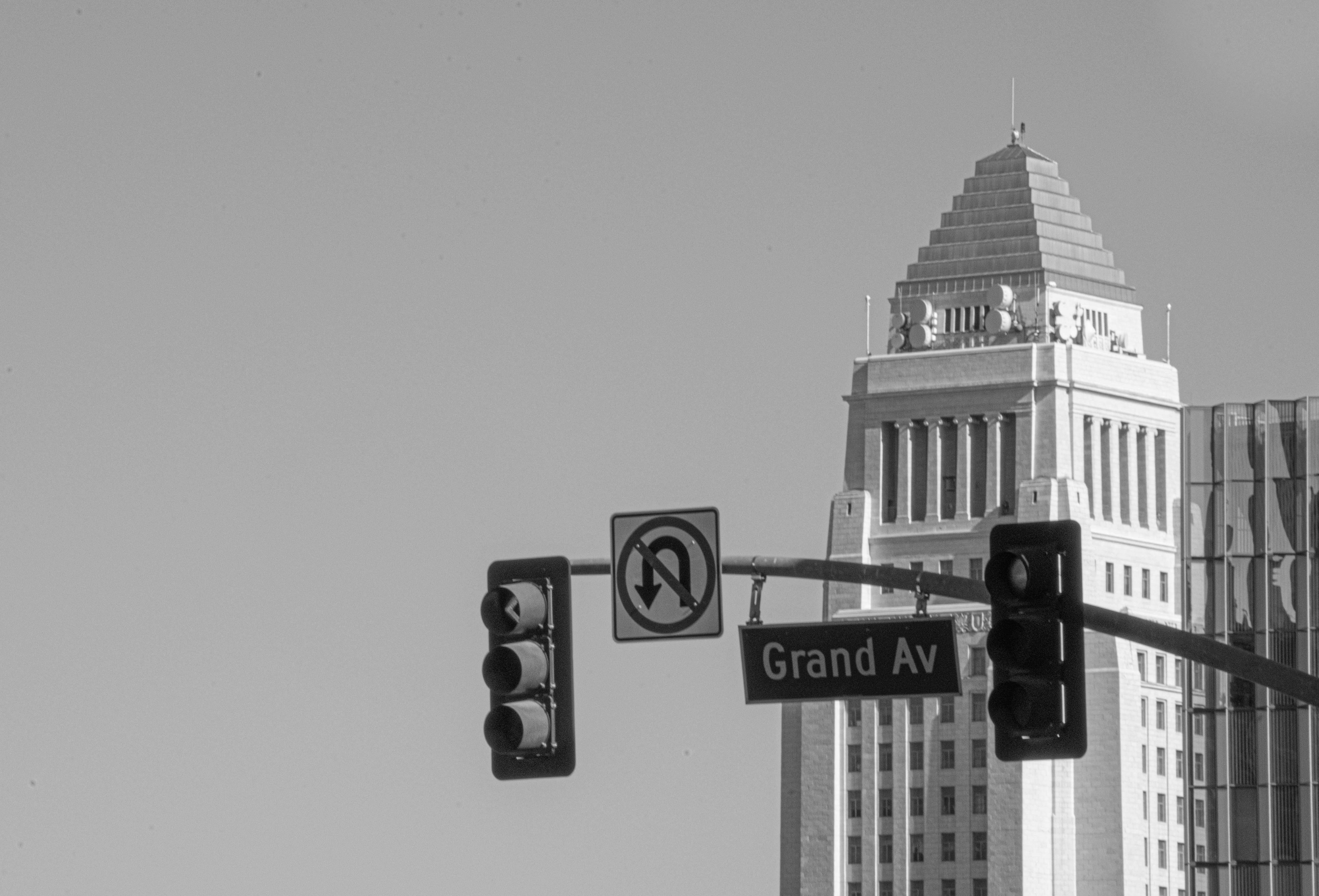 Corner of Grand Avenue: Traffic Lights Framing a Tower