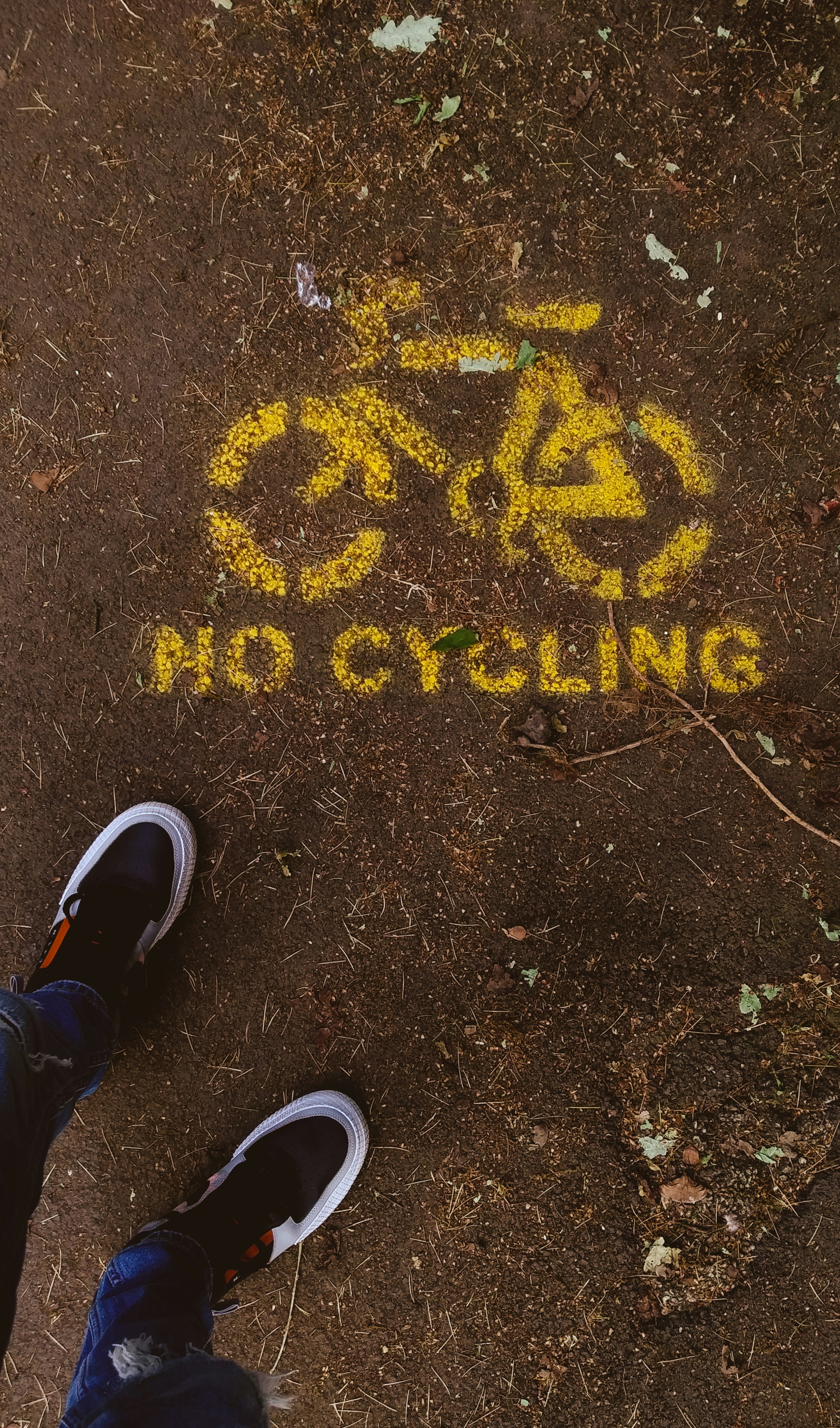 Yellow 'No Cycling' sign painted on dirt with a bicycle graphic, accompanied by a person's feet in casual shoes.