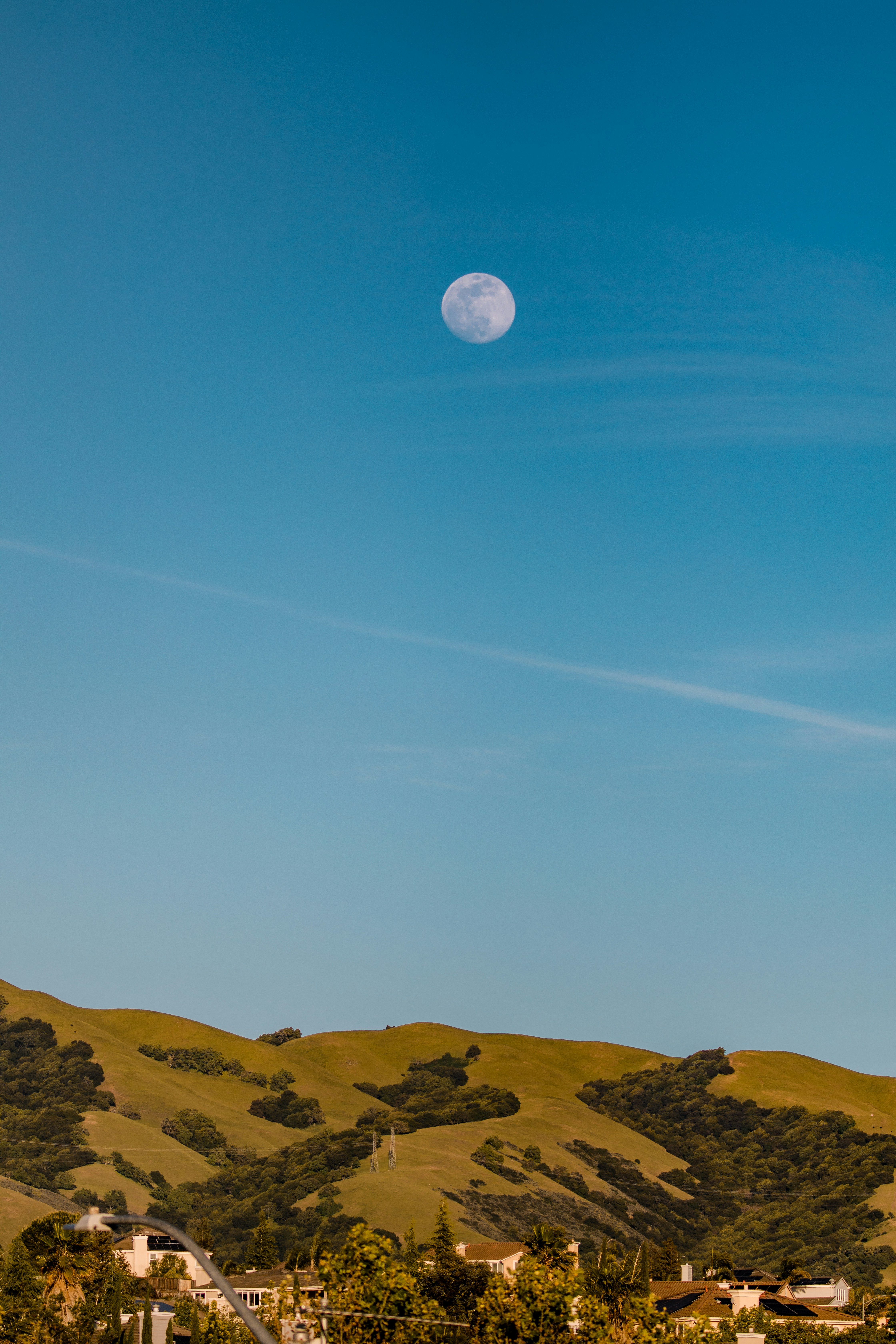 Moon Over Golden Hills: Quiet Dawn Above a Suburban Canvas