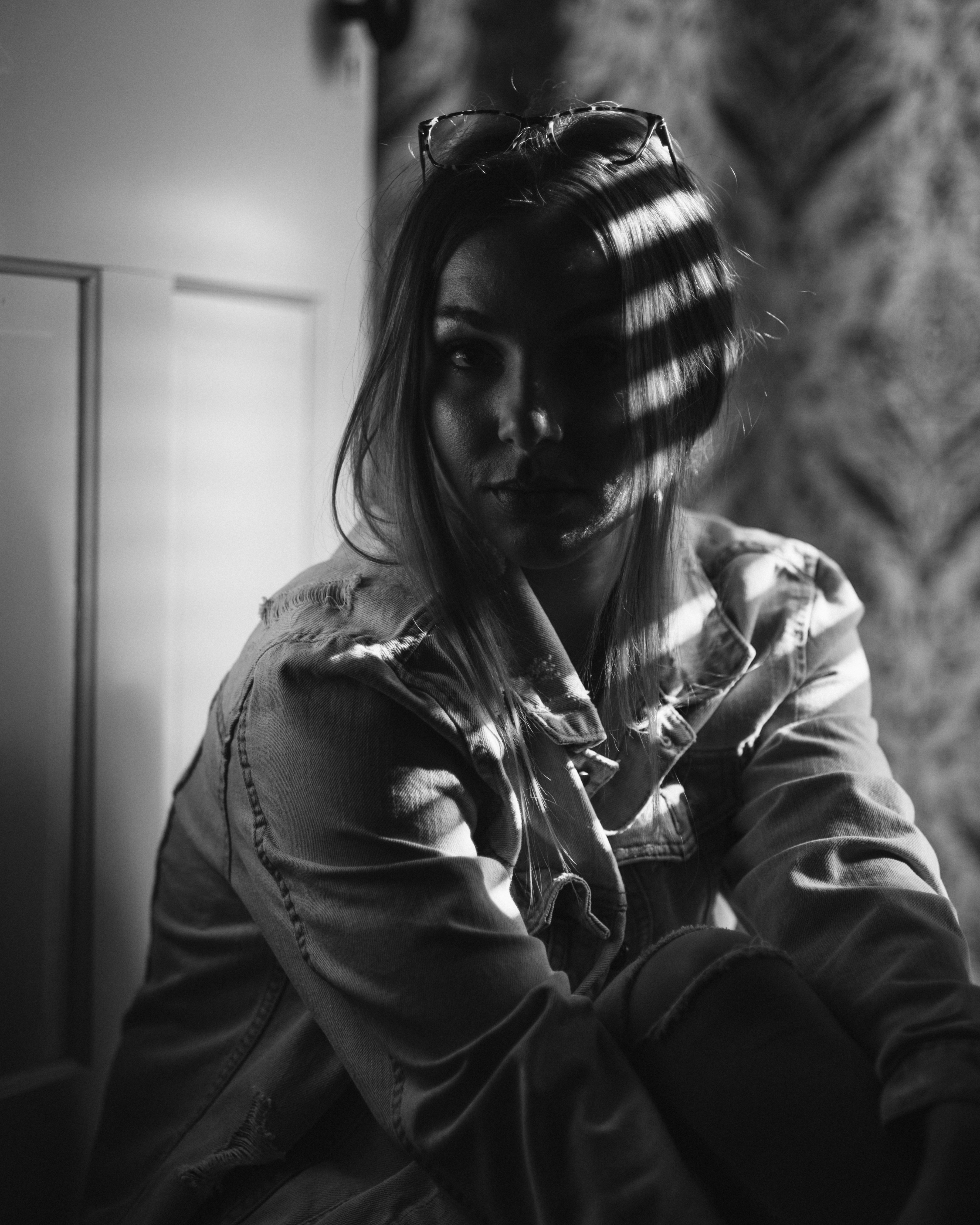Striated Window Light Portrait: Quiet Gaze in Shadowed Stripes