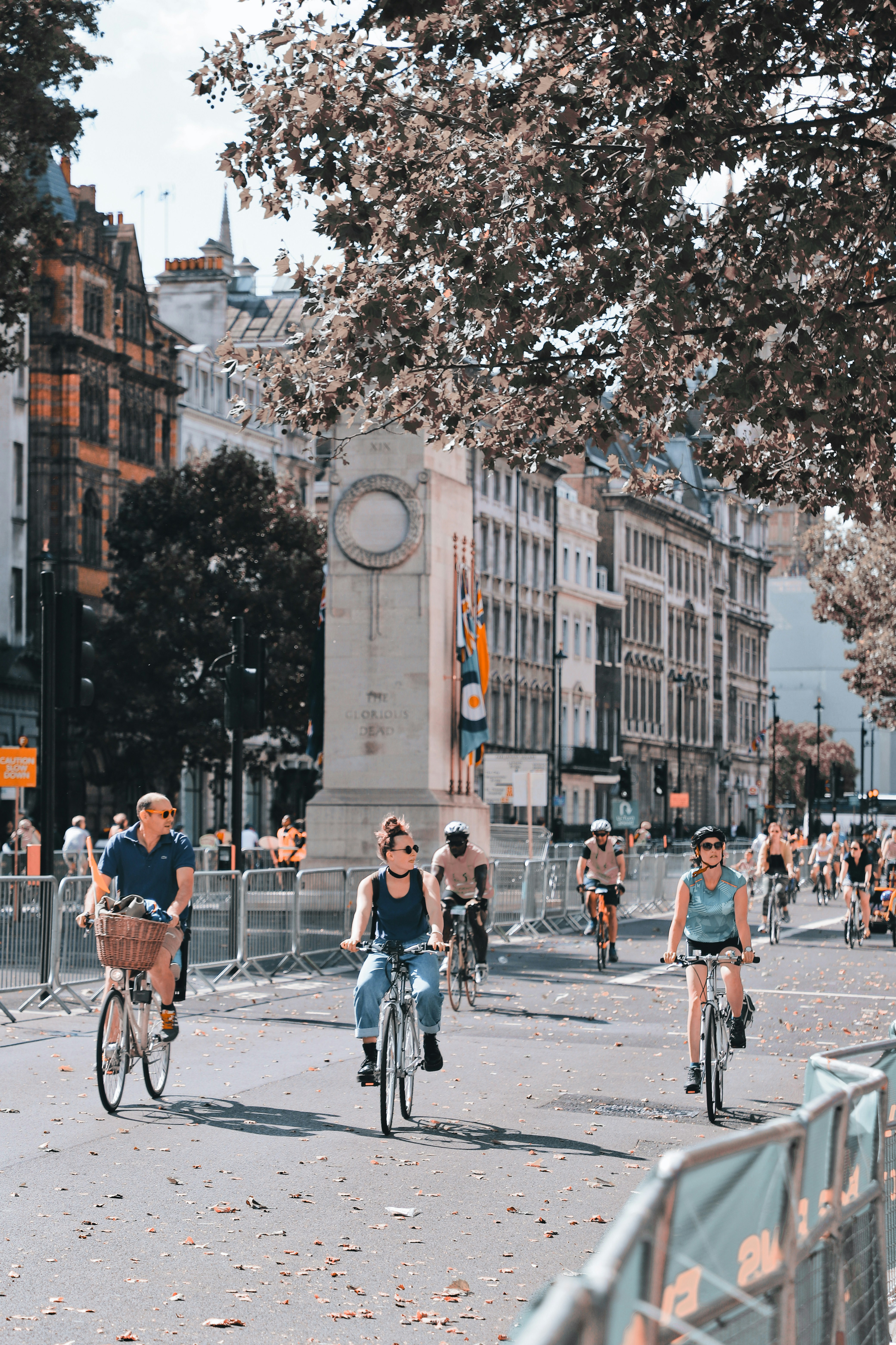 Cyclists ride along a tree-lined city street under a clear sky, with historic buildings in the background.