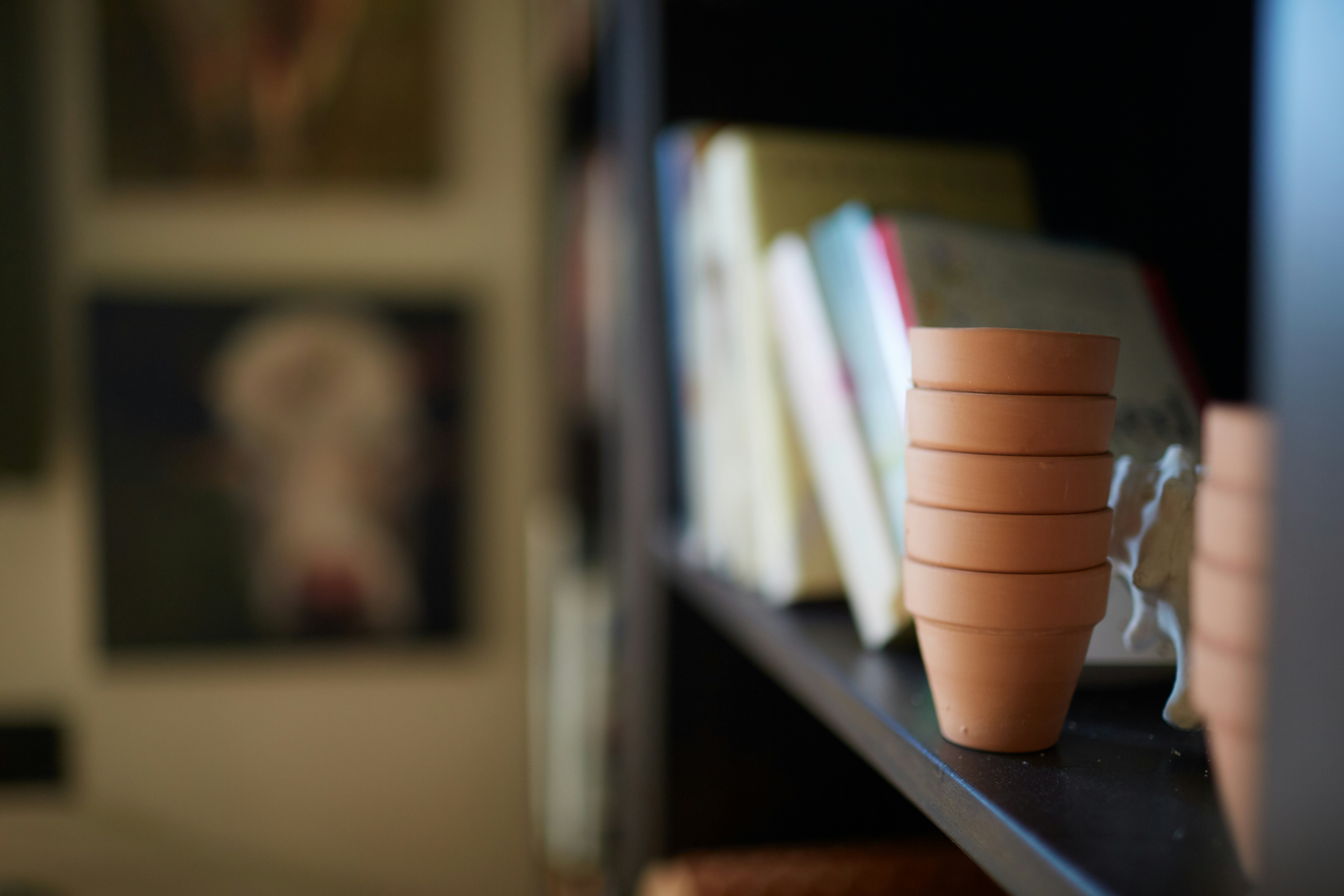 Terracotta Cup on a Quiet Bookshelf, Focused and Cozy