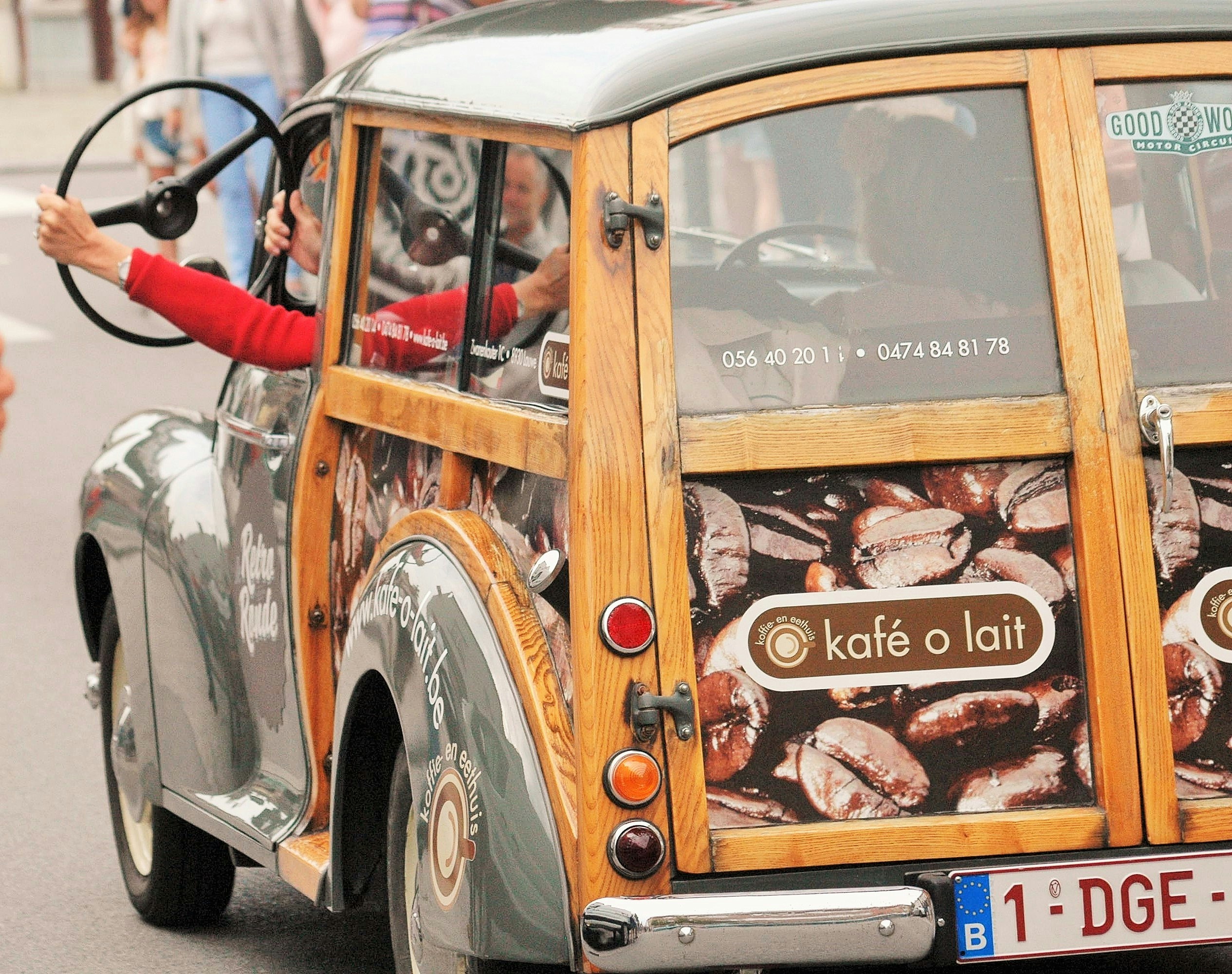 Coffee-Bean Taxi: A Vintage Wood-Wrapped Cab on a Street of Moments