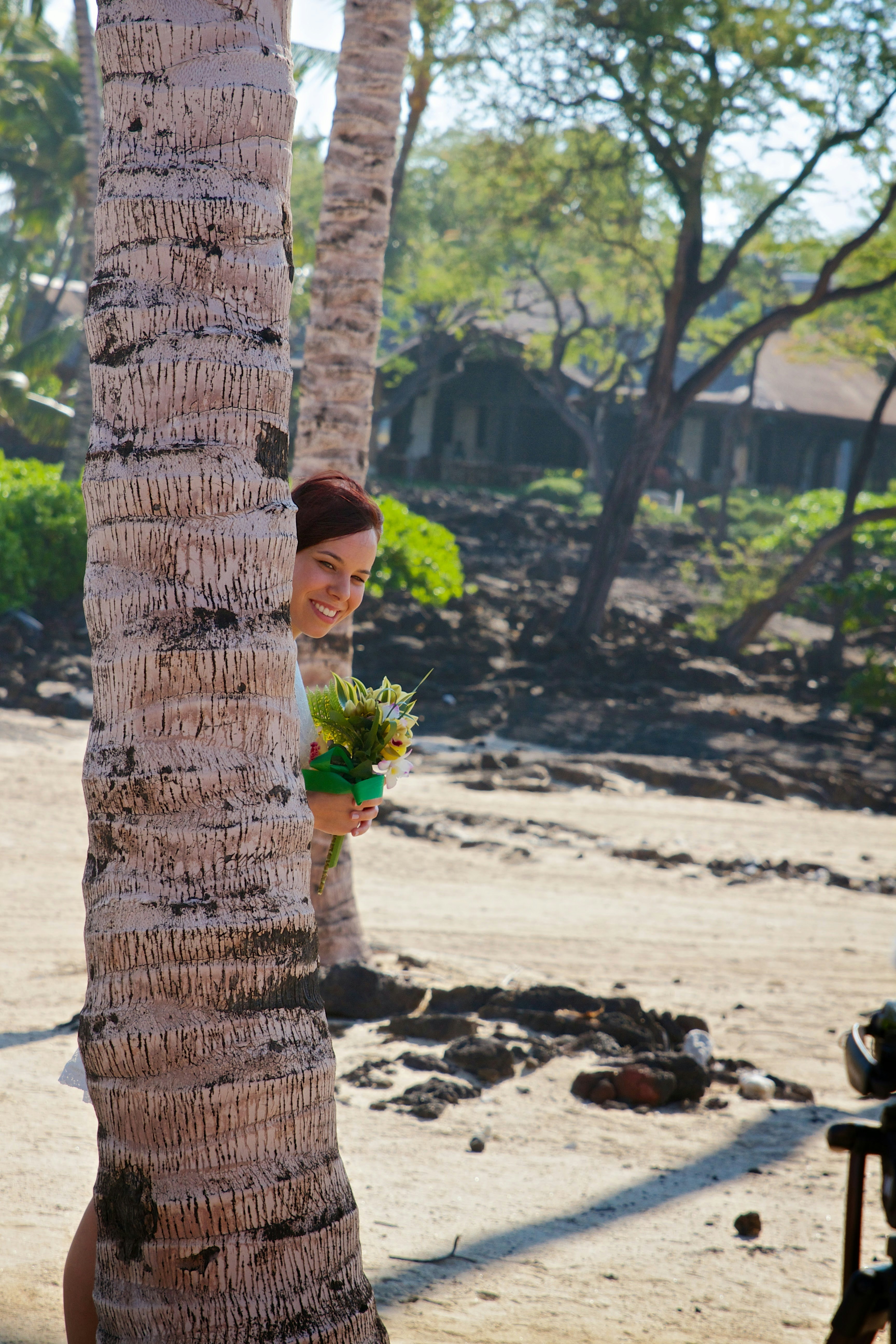 Hidden Bride Behind the Palm: A Beachside Moment