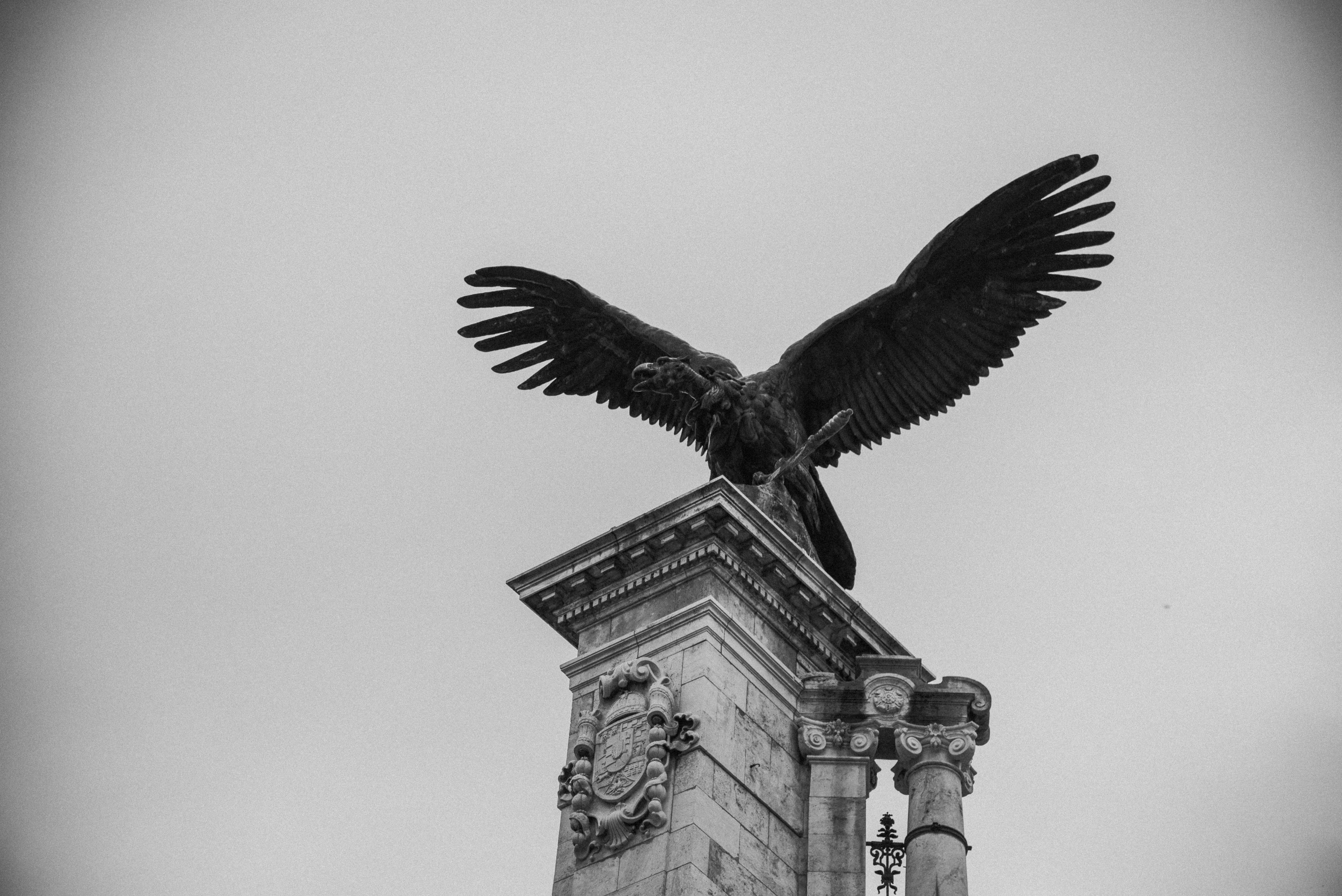 A powerful eagle sculpture with wings spread wide, perched atop a classical column against a cloudy sky.
