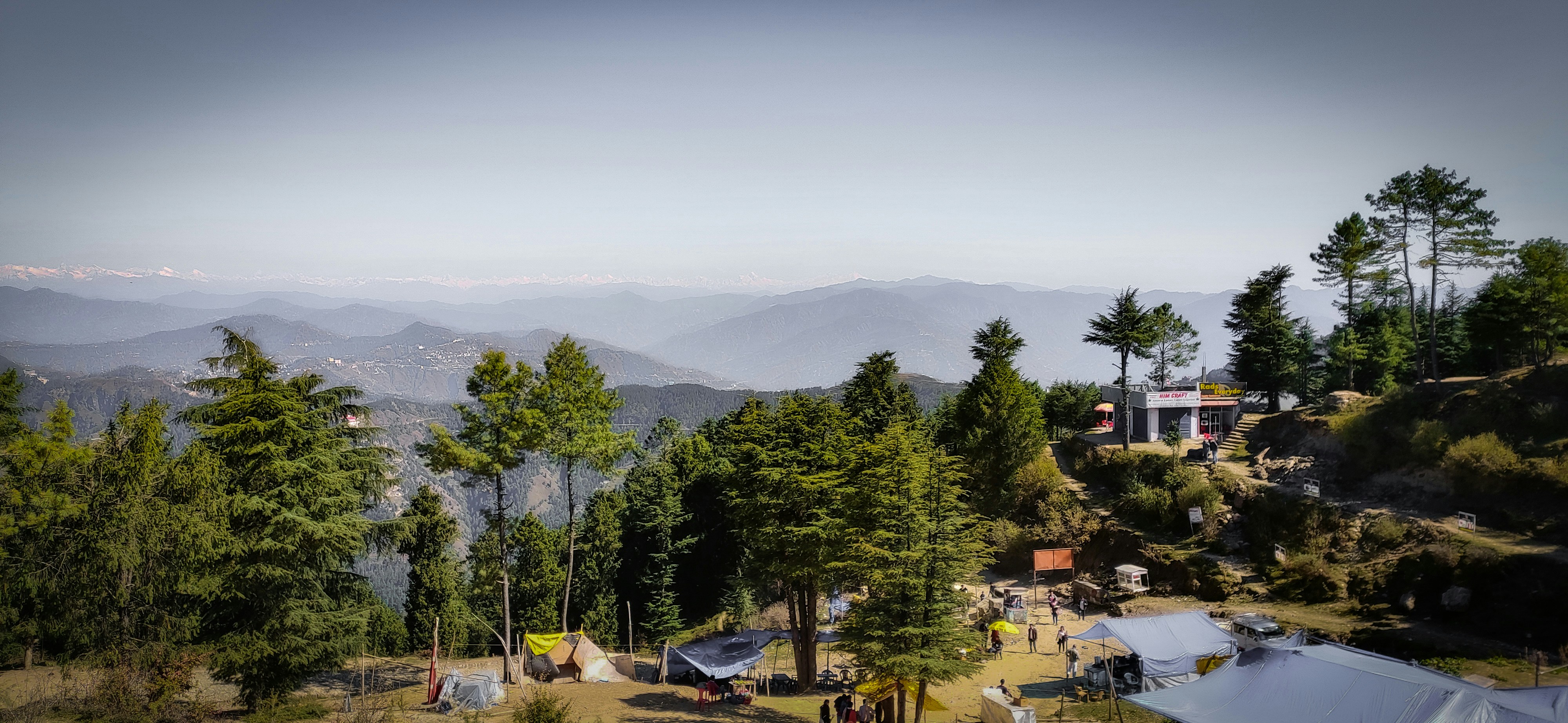 Scenic view of lush green trees and distant mountains under a clear sky.