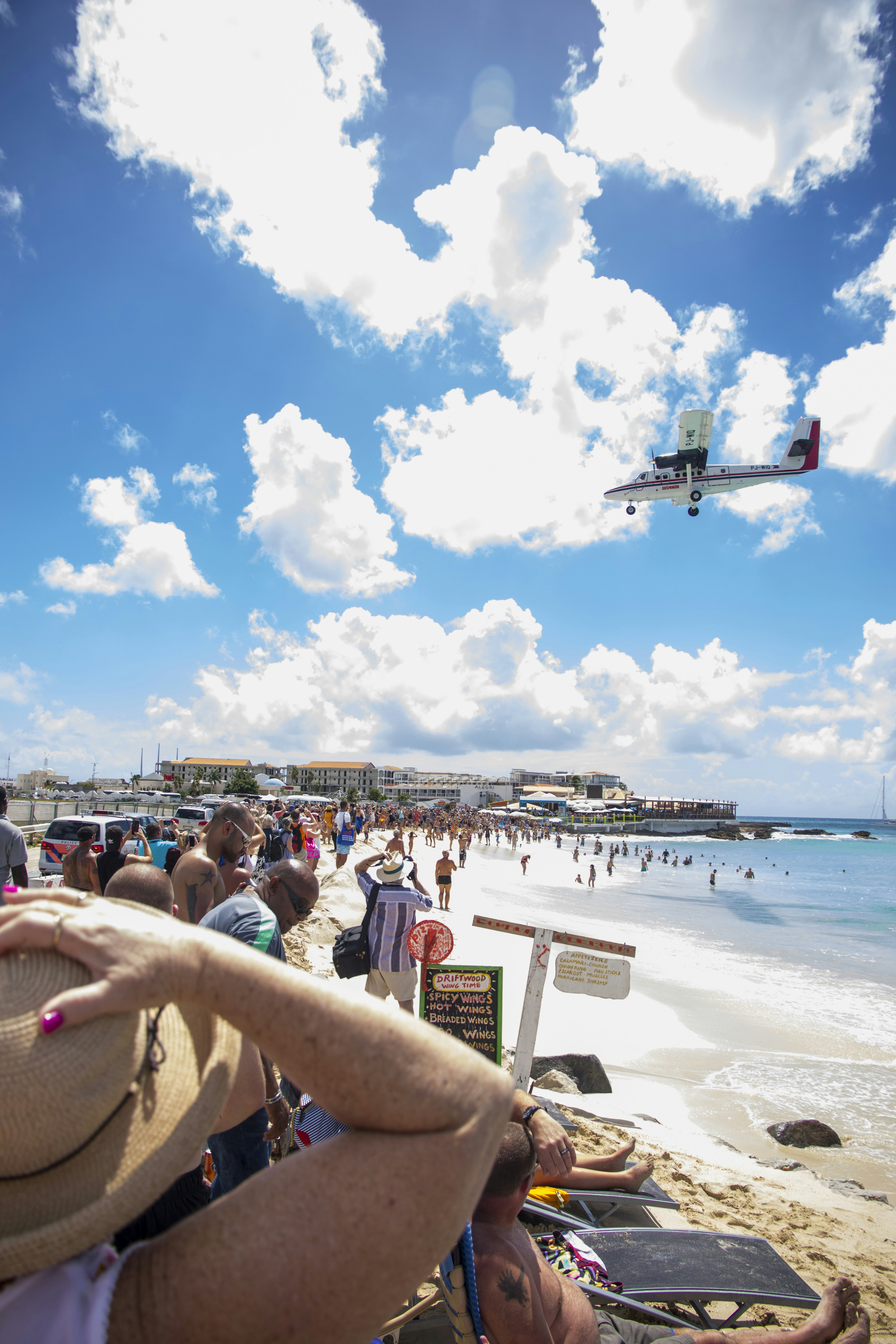 Winged Arrival Over a Crowded Tropical Beach