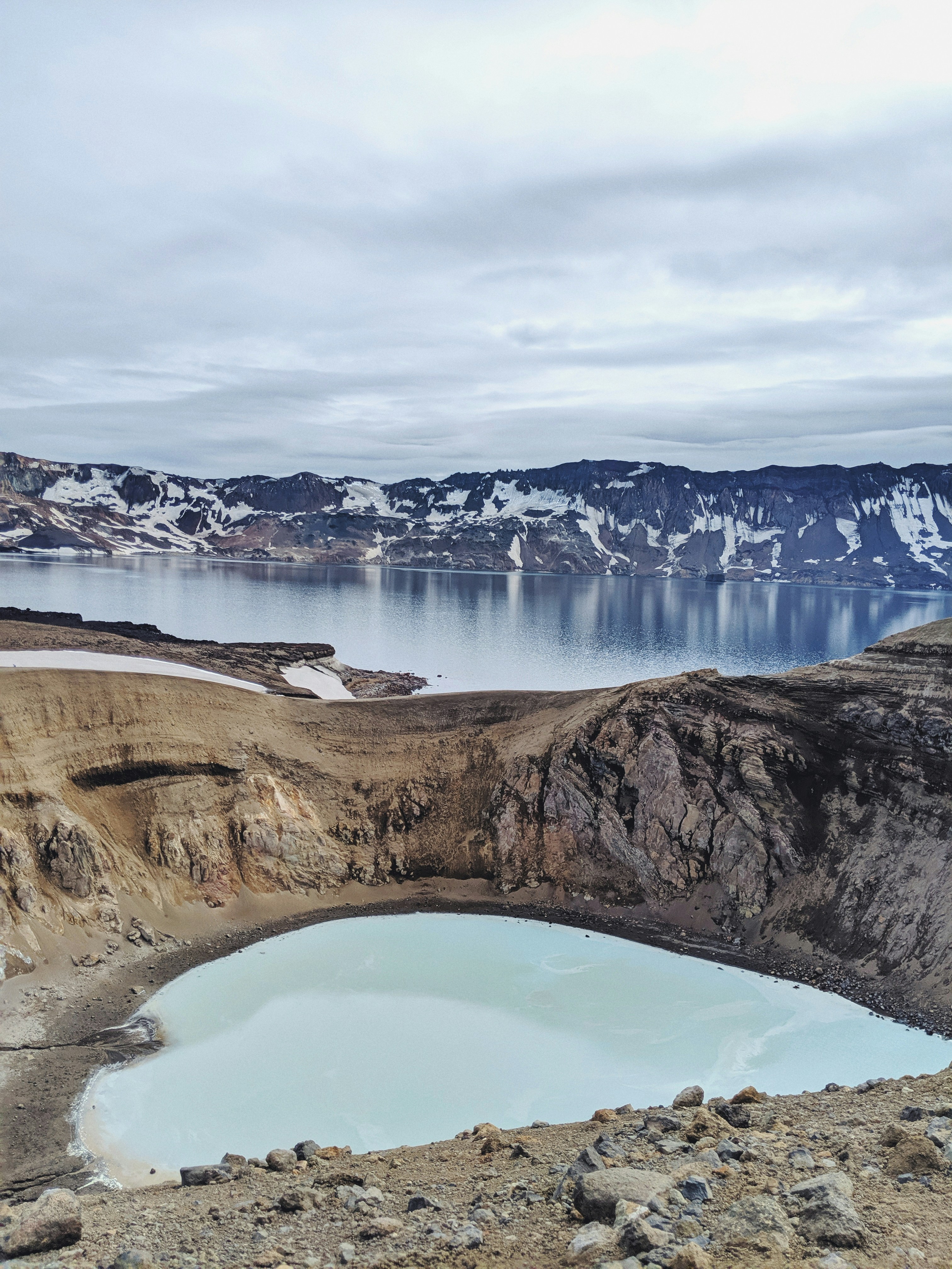Brown and white mountains near lake under white clouds during daytime photo – Free Askja Image ...