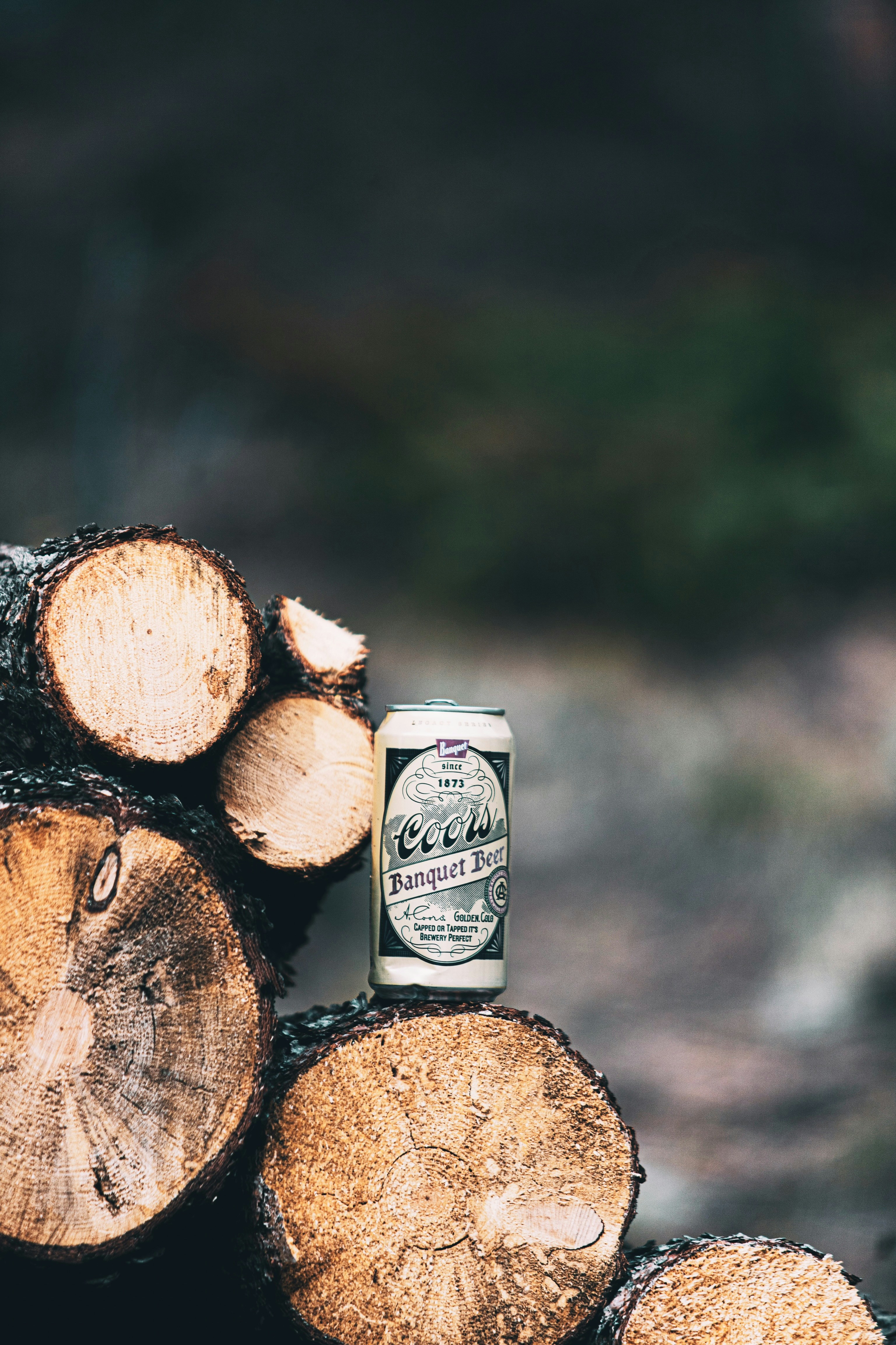 A can of Coors Banquet Beer perched atop a stack of freshly cut logs, blending nature with leisure in a serene outdoor setting.