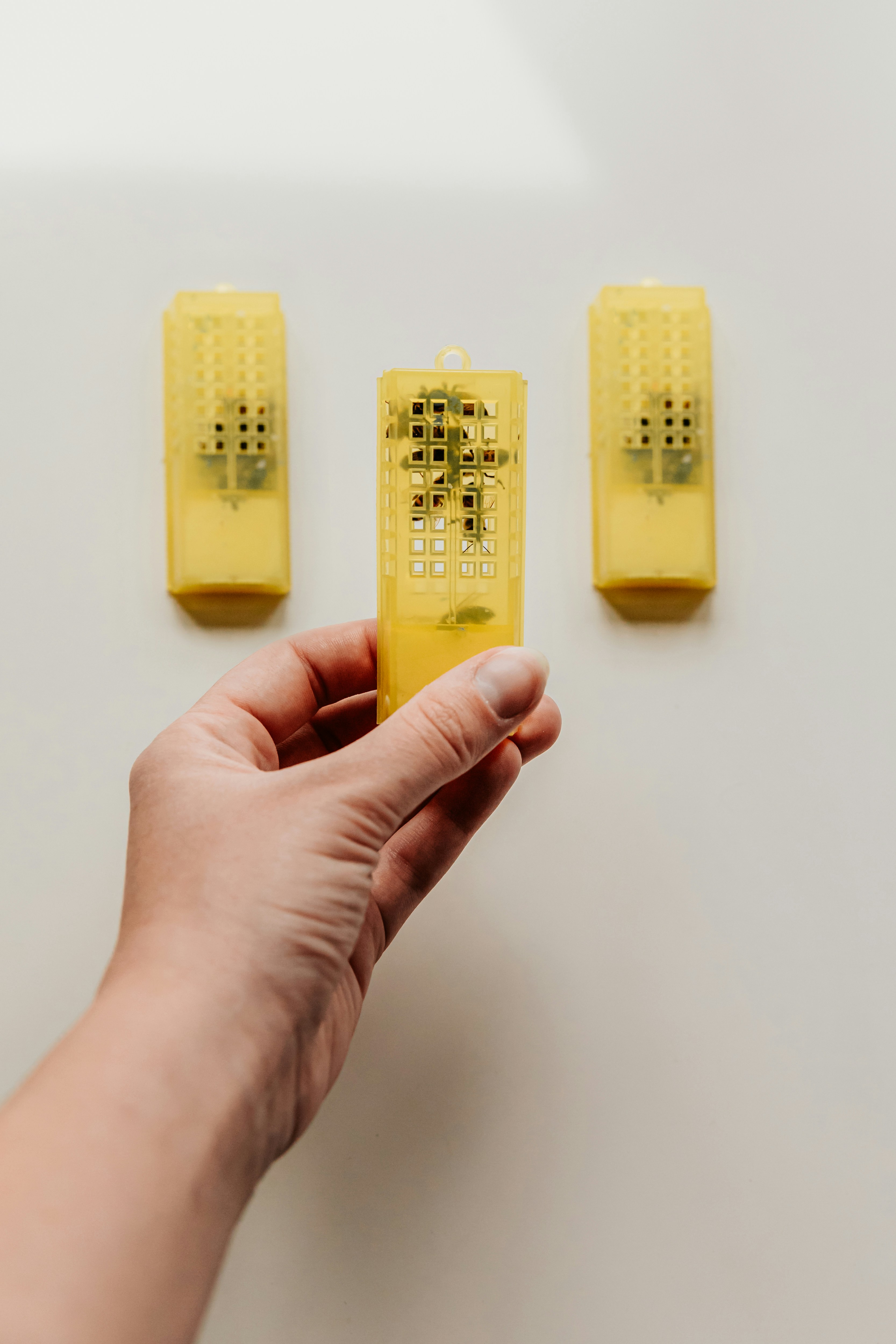 Centered Hands: A Yellow Grid Pendant Between Wall-Backed Grids