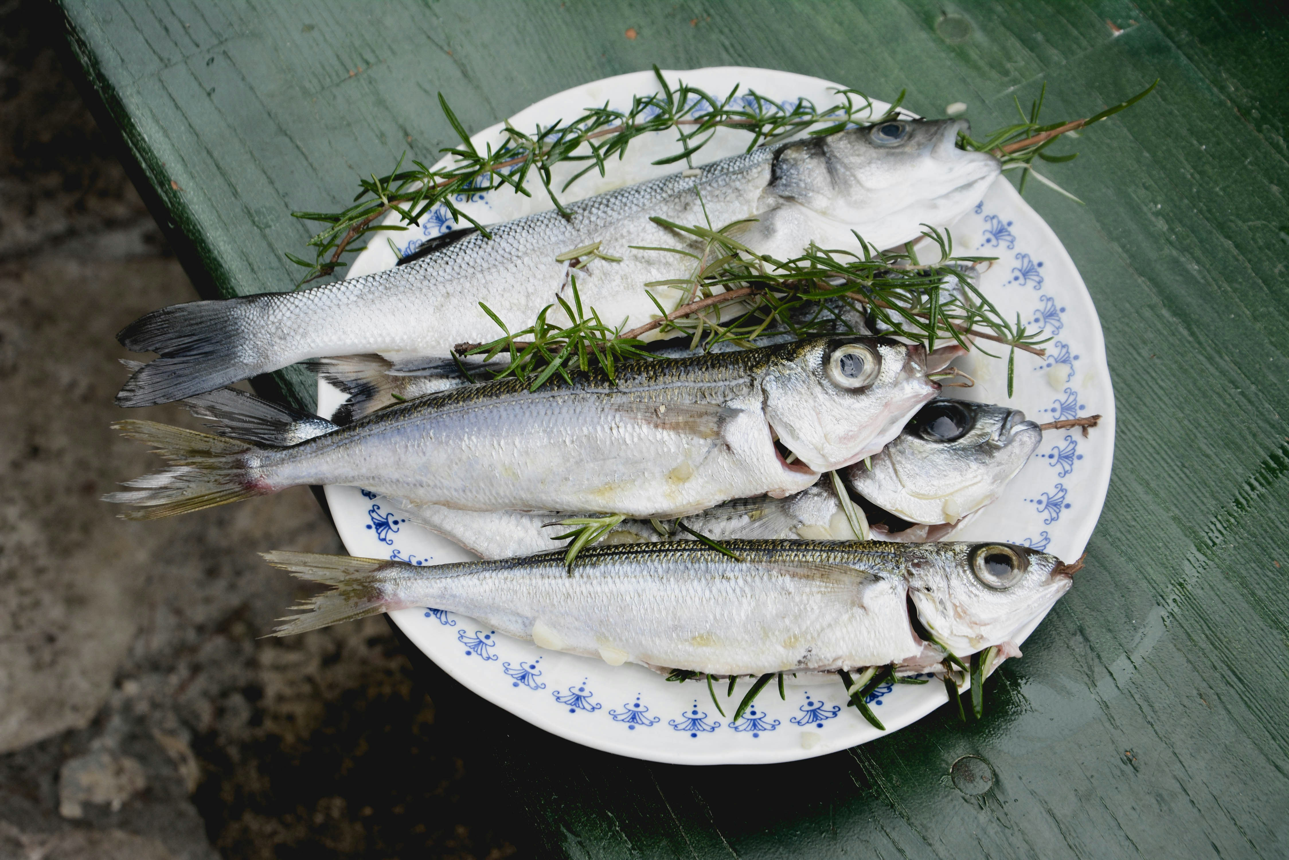 Fresh fish garnished with rosemary on a decorative plate on a green wooden table.