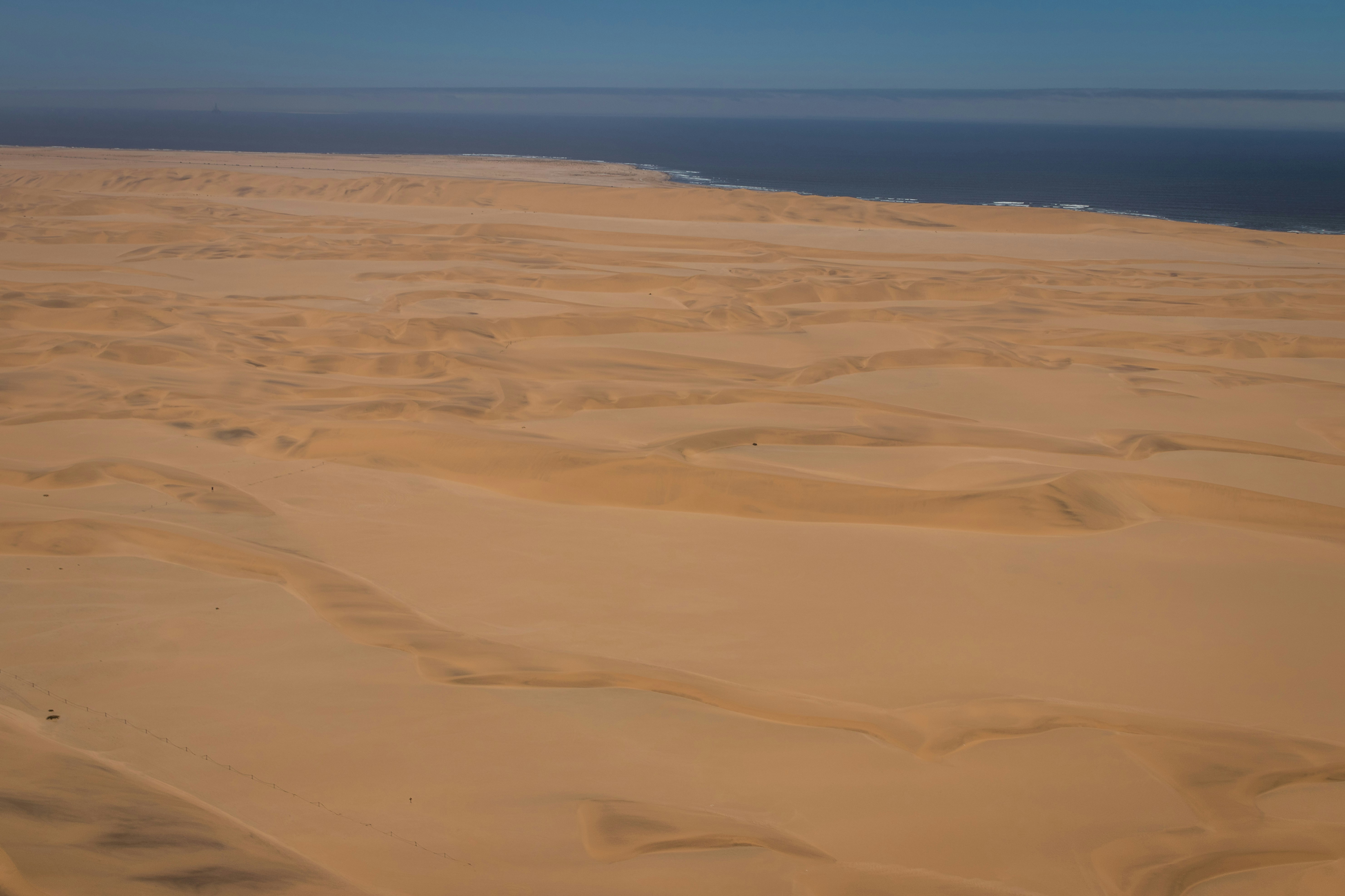 Vast expanse of golden sand dunes stretching towards the horizon, where the desert meets the ocean. The gentle curves and shadows of the dunes create a rhythmic pattern.