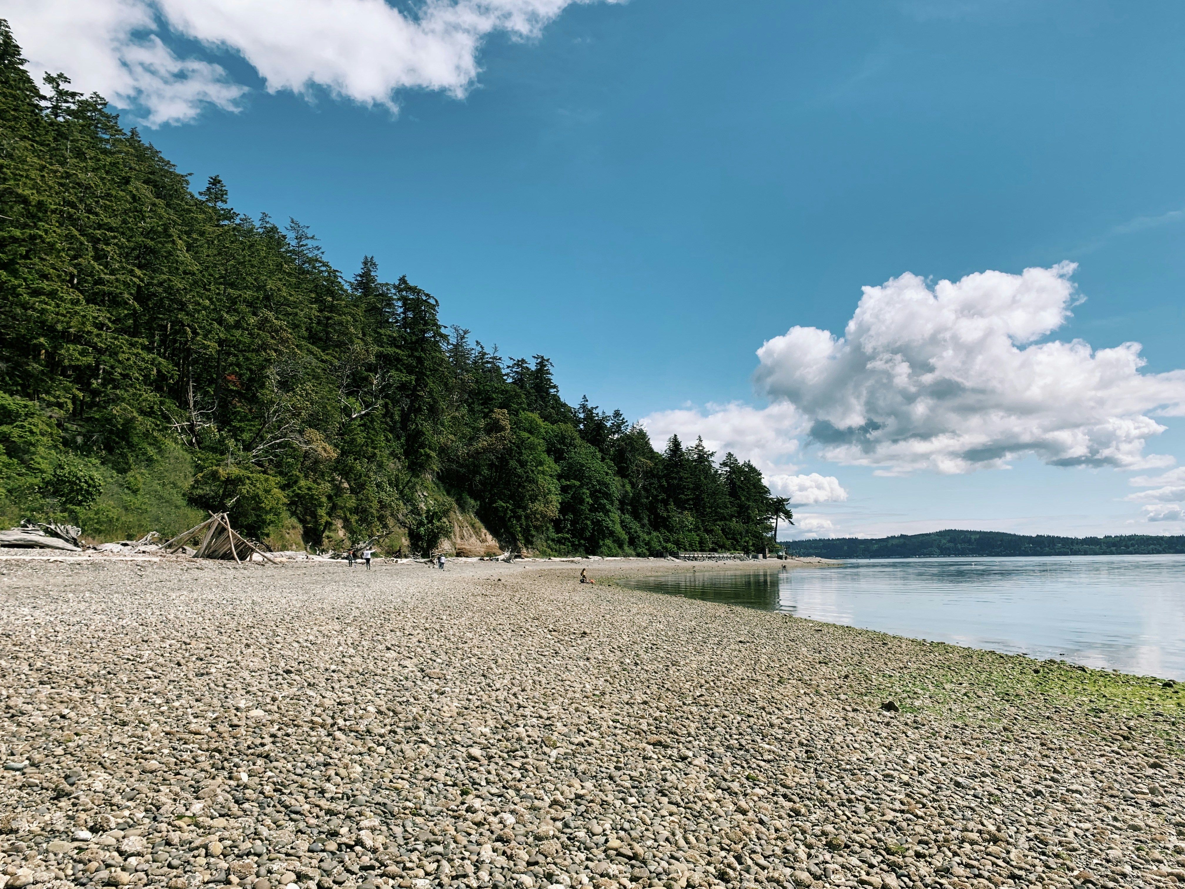 Pebbled beach along a tranquil shoreline with lush greenery and scattered clouds above. The calm water reflects the vibrant colors of the sky.