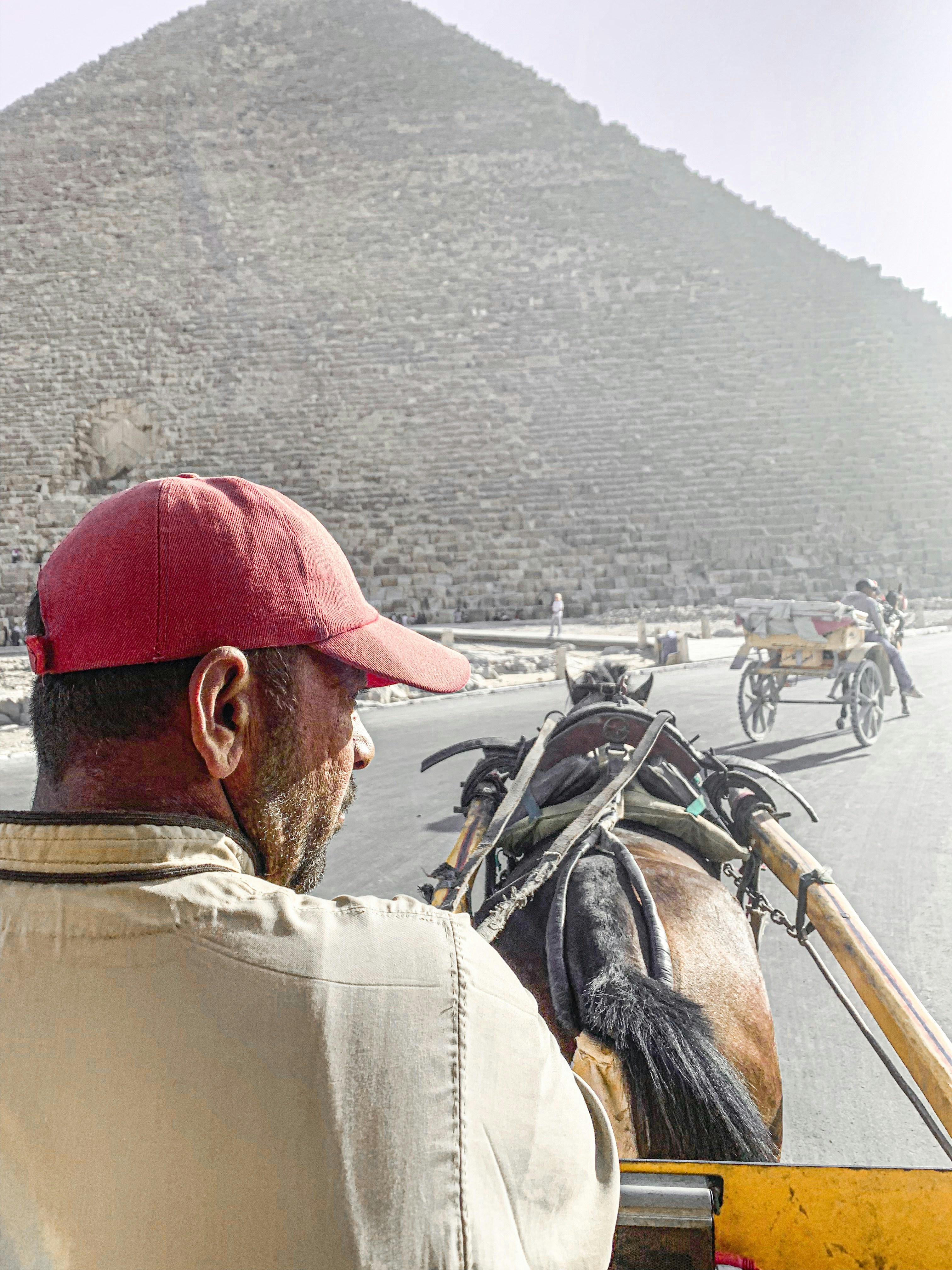 a man riding a horse drawn carriage in front of a pyramid