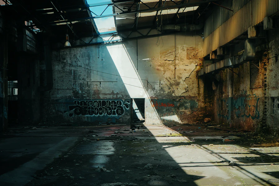 Sunlight streams through a broken roof, casting dramatic shadows in an abandoned factory with graffiti-covered walls.