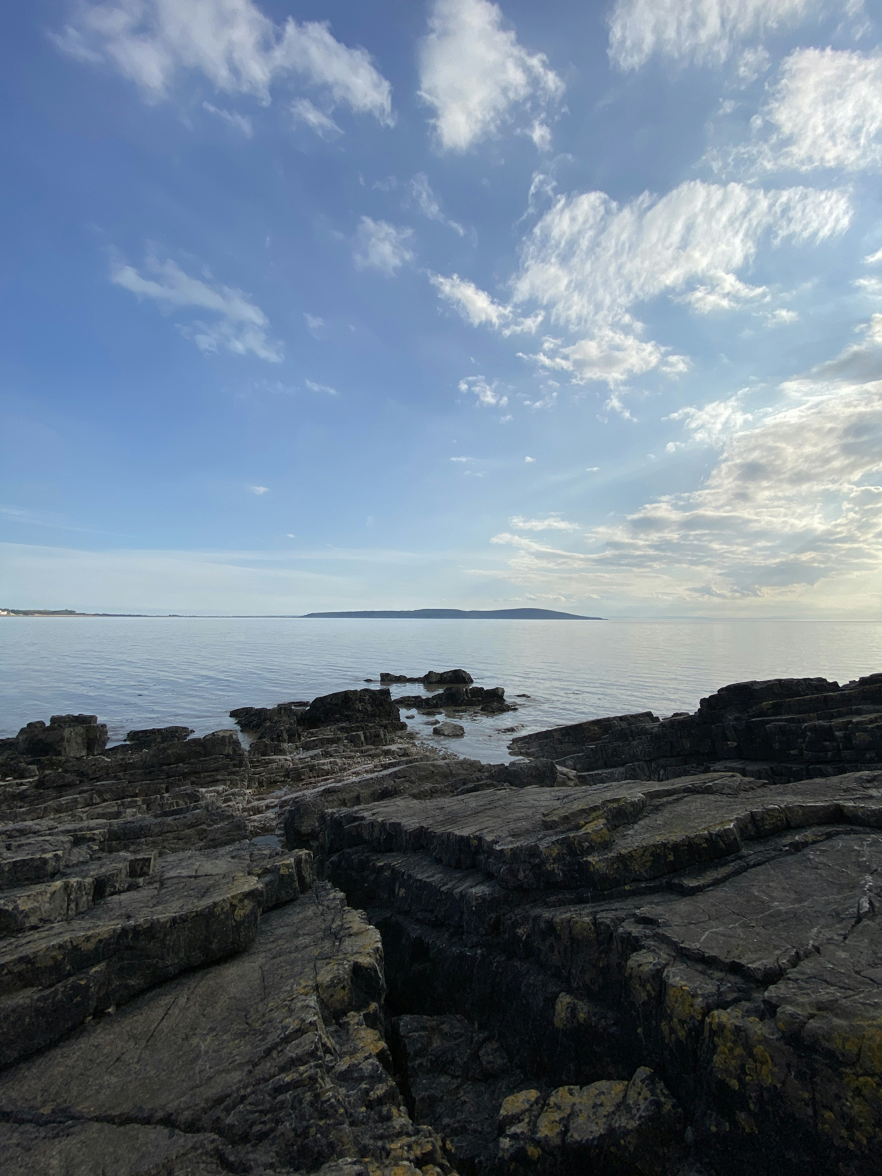 Rocky shoreline meeting calm sea under a partly cloudy sky.