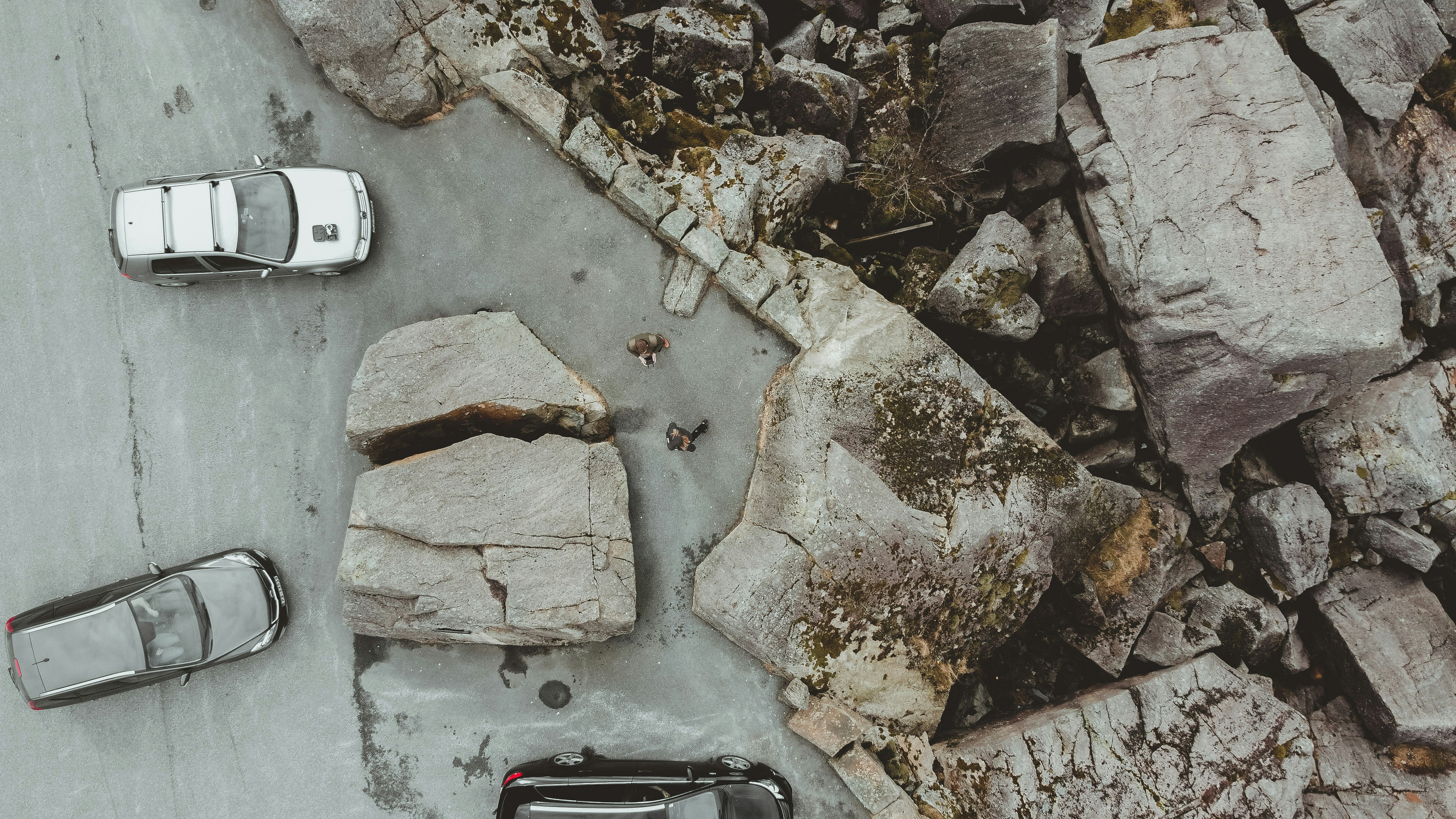 Strewn Quarry Roadscape: Cars and Cracked Bedrock from Above