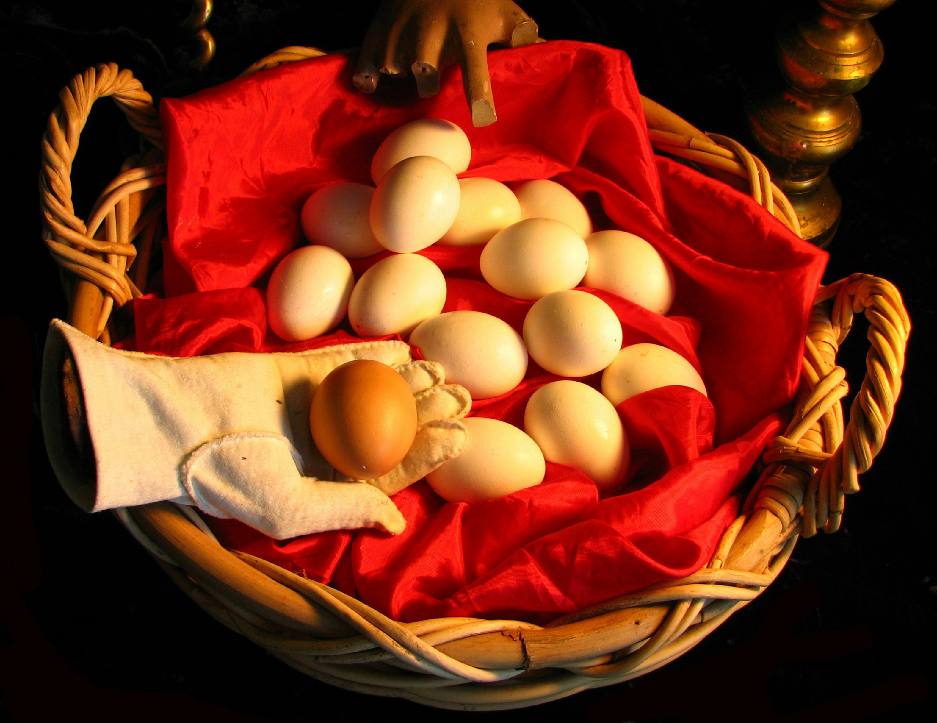 A basket filled with white eggs resting on a vibrant red cloth, accompanied by a gloved hand holding a brown egg. The composition highlights the contrast between the eggs and the rich fabric.